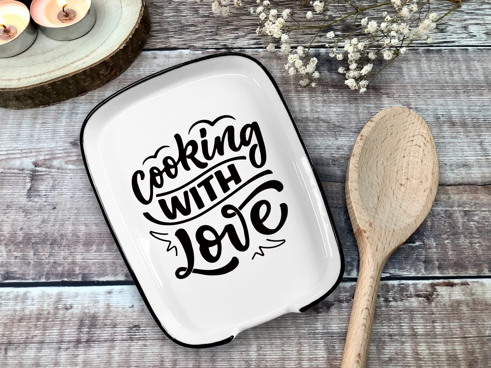 Ceramic Patterned Fork Spoon Rest with Message Cooking with love, Functional Kitchenware Spoon Rest Suitable for Kitchen Countertop Stove Top Kitchen Accessory and Gift for Cooking Enthusiasts