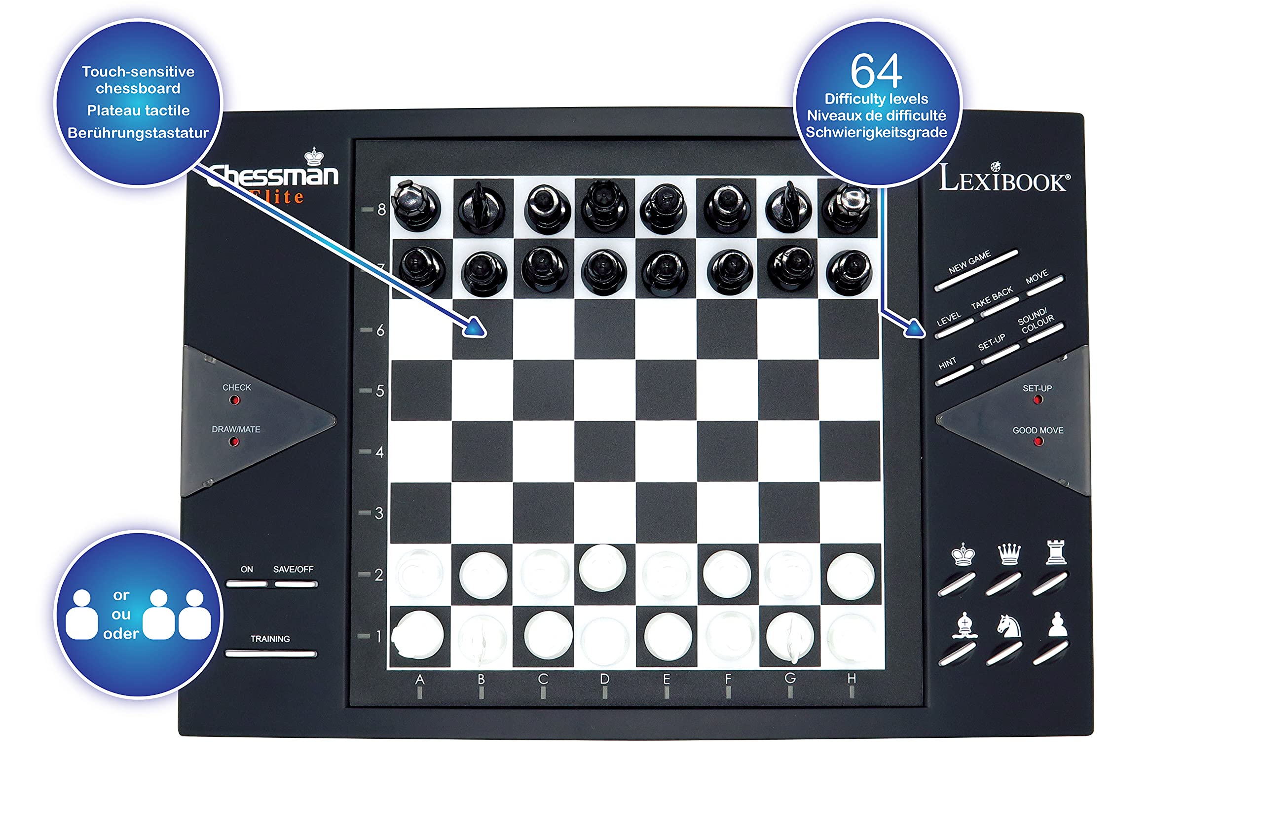 Lexibook Chessman® Elite Interactive Electronic Chess Game +, 64 Levels of Difficulty, LEDs, Family Child Board Game, Black/White, CG1300US