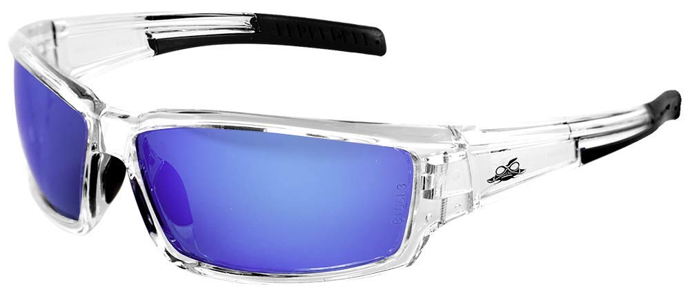 Bullhead Safety Maki Safety Glasses with Anti-Fog Blue Mirror Lens, Polycarbonate Protective Eyewear with UV Protection, Comfortable and Lightweight, Crystal Clear Frame, One Size