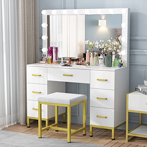 PAKASEPT Vanity Set with Lighted Mirror, Makeup Vanity Dressing Table with 14PCS LED Bulbs, Cushioned Stool & 7 Drawers, Large 44" White Vanity for Bedroom, Powder Room