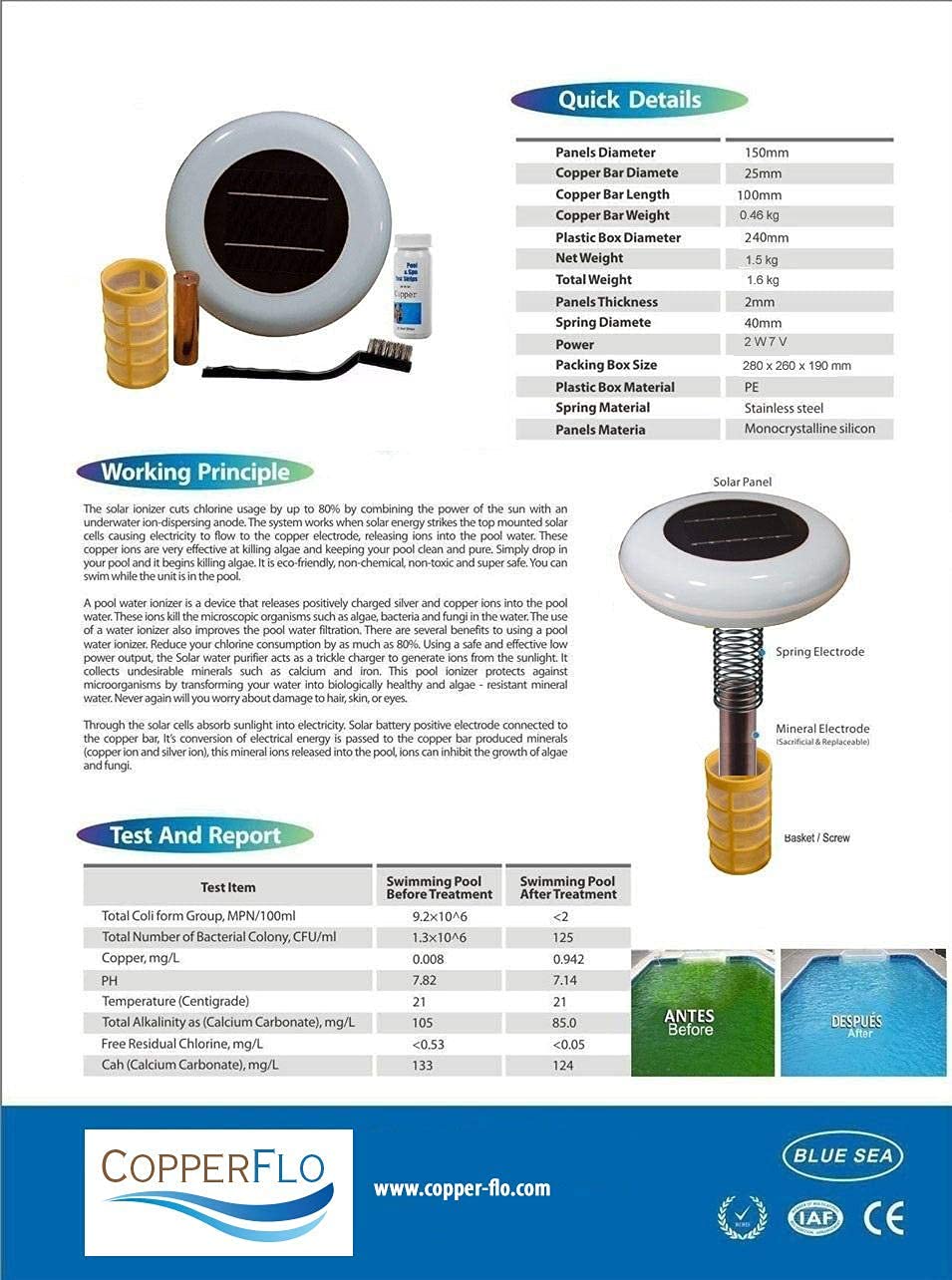 CopperFlo Solar Pool Ionizer - High Capacity | 85% Less Chlorine | Lifetime Replacement Program | Kill Algae | Longer Lasting Copper Anode | 25% More Ions | Keeps Pool Cleaner | Up to 45,000 Gal Blue