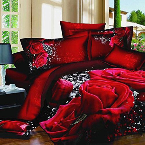 Longji 3D Oil Painting red Rose Bedding Set Queen King Size Comforter Bag Duvet Cover Set (Size : Queen 4pcs Duvet Cover 200x230cm)