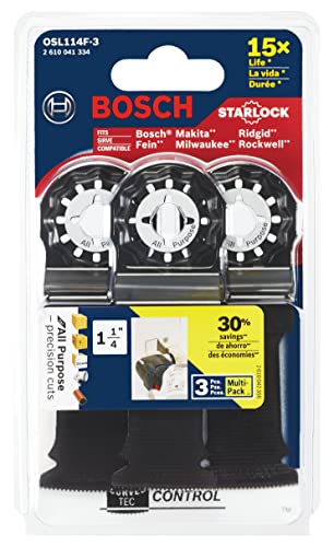BOSCH OSL114F-3 3-Pack 1-1/4 In. Starlock Oscillating Multi Tool All Purpose Bi-Metal Plunge Cut Blades for Applications in Wood, Wood with Nails, Drywall, PVC, Metal (Nails and Staples)