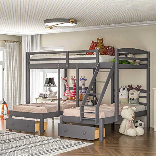 KoiHome Full Over Twin & Twin Bunk Bed with Full-Length Guardrail,Triple Bunk Bed with Built-in Drawers and Solid Slat Support for Teens Bedroom,Space-Saving Design, No Box Spring Needed, Grey