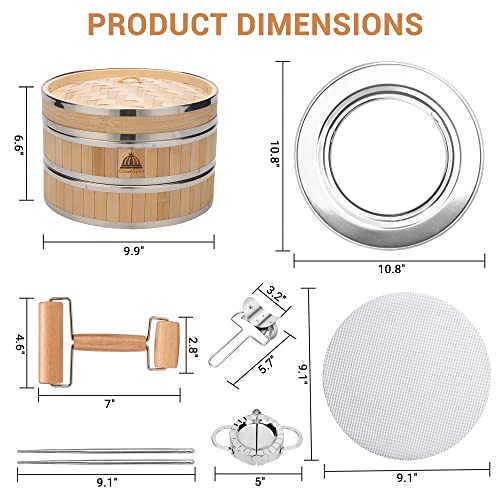 CrownSpire - bamboo steamer 10 inch - bamboo steamer basket - for vegetables + sea food + dumpling cutter + Stainless Steel chopsticks - adapter ring - reusable silicone liners - rolling pin