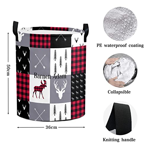 Personalized Laundry Baskets Bin, Buffalo Plaid Deer Woodland Laundry Hamper with Handles, Collapsible Waterproof Clothes Hamper, Laundry Bin, Clothes Toys Storage Basket for Bedroom, Bathroom, College Dorm 50L