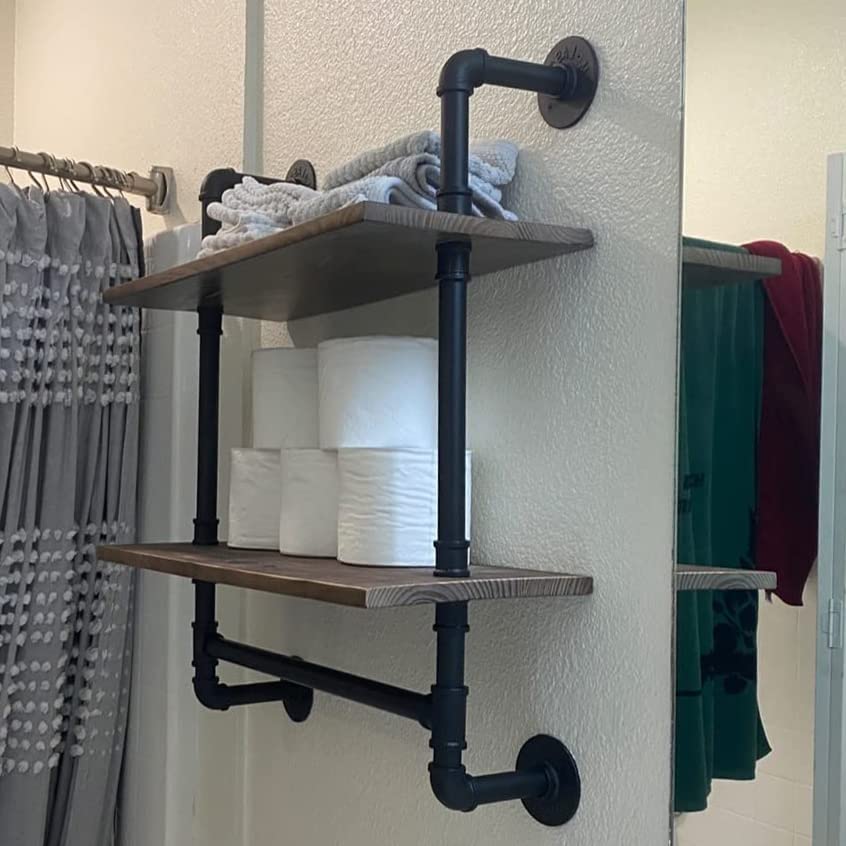 Pipe Floating Shelves, Industrial Pipe Shelves 2 Tier Wall Shelf Wall Mounted Bookcase, Metal Bracket with Rustic Wood Planks for Farmhouse, Laundry Room, Bathroom, Kitchen, Living Room - 30 Inch