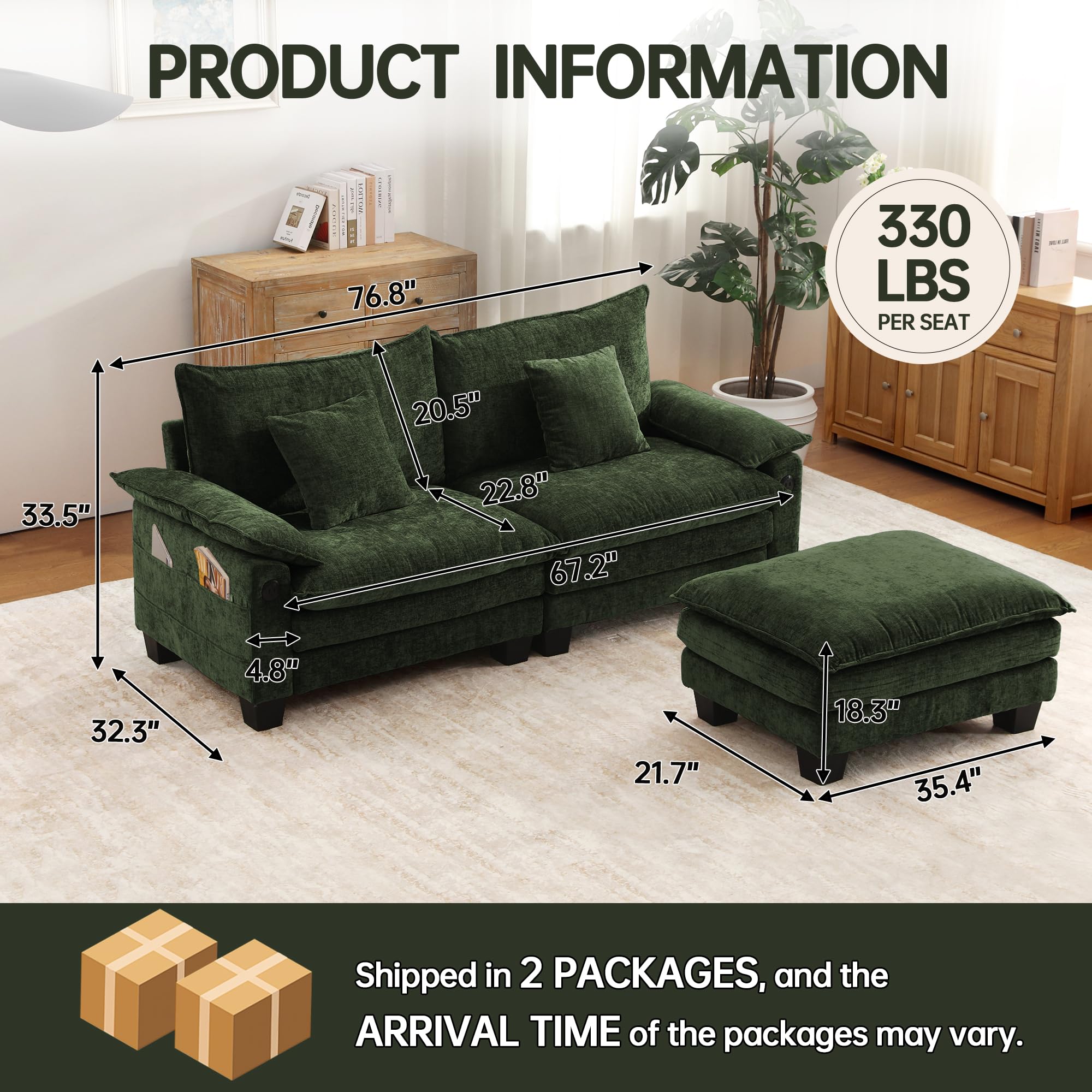 DURASPACE Modular Sectional Sofa 144'' Cloud Couch U Shaped 4-Seater Sectional Couches with 2 Movable Ottoman, USB, Comfy Sectionals Sofa for Living Room (Chenille Green)