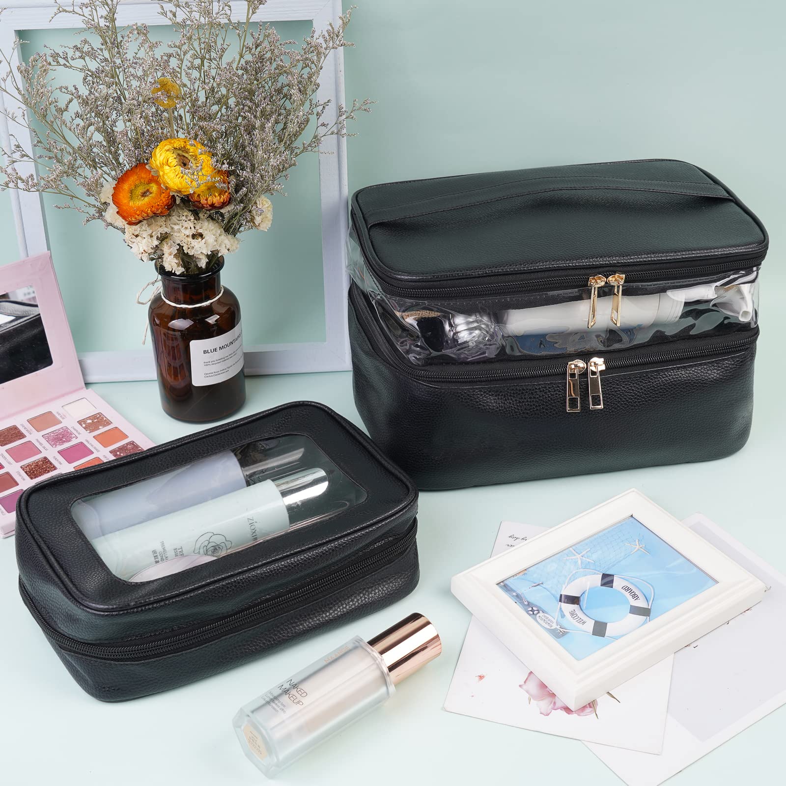 MAGEFY 2 PCS Travel Cosmetic Bags Leather Double Layer Organizer Clear Toiletry Bag Black Makeup Bags for Women Gifts with Adjustable Dividers