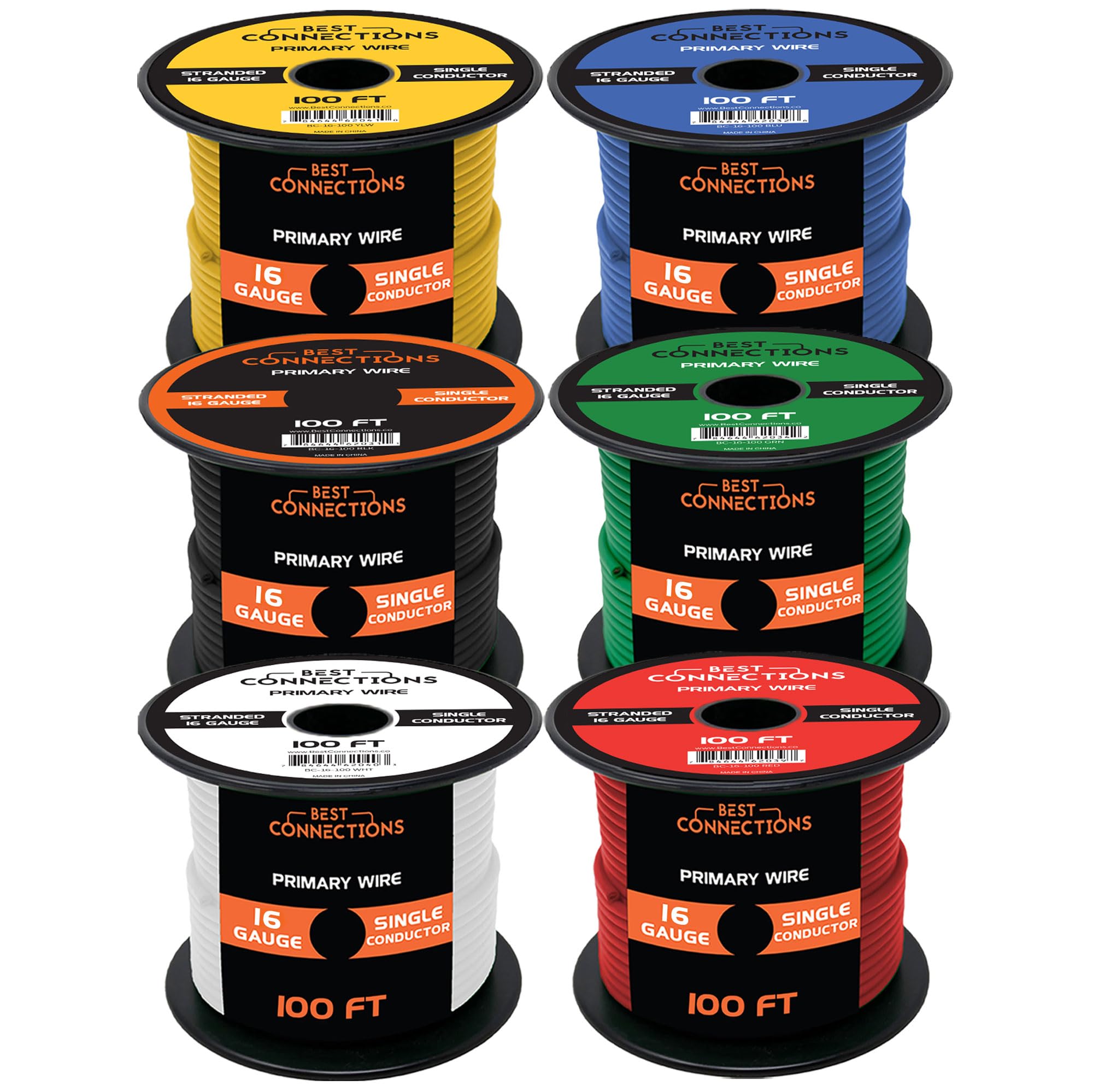 BEST CONNECTIONS 16 Gauge Automotive Primary Wire (100ft Each – 6 Color Bundle Set) | Ideal for Trailer, Speaker, and Lighting Circuits | Durable Primary/Remote, Power/Ground Electrical Wiring