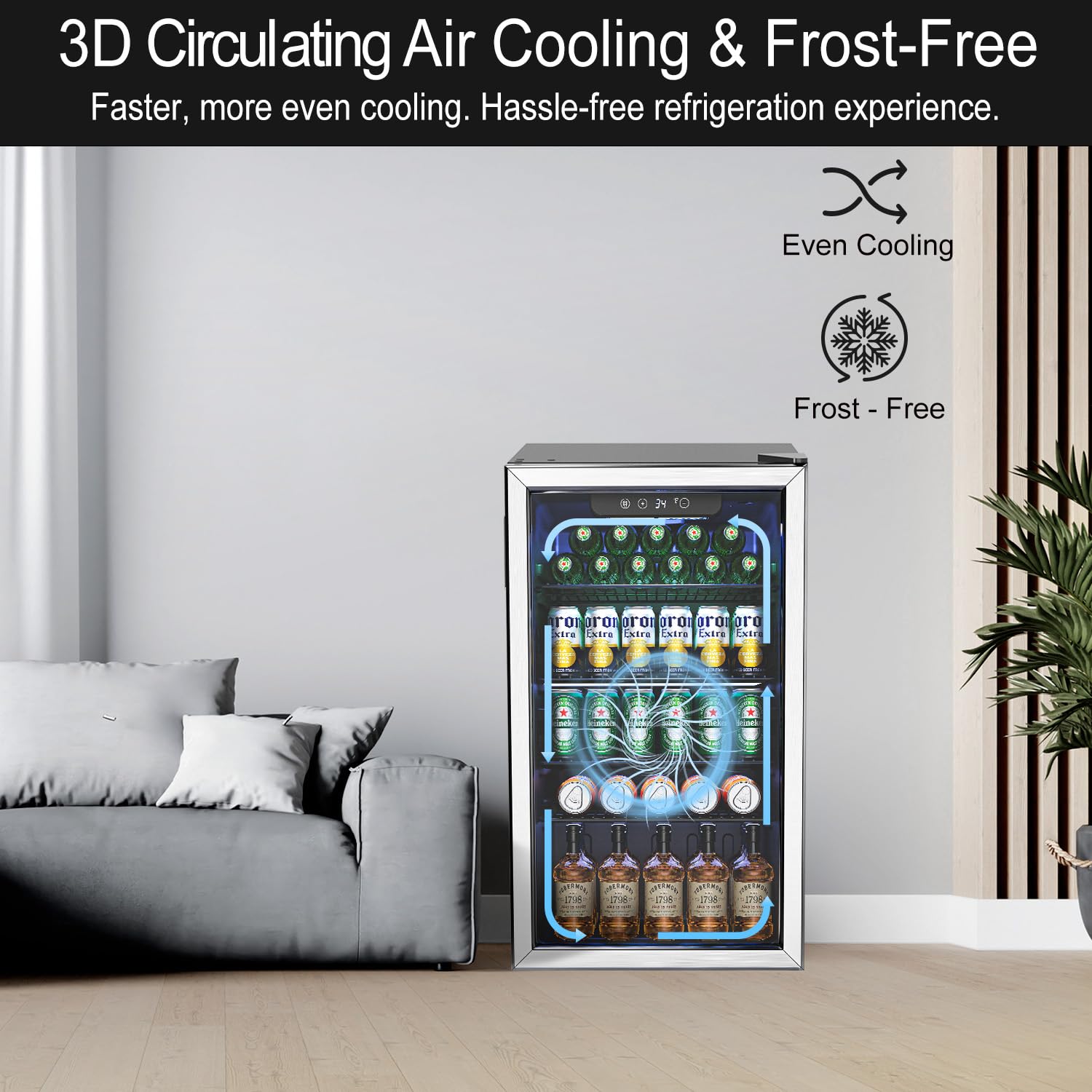 Feelfunn Beverage Refrigerator Cooler - 126 Can Mini Fridge Glass Door for Drinks Soda Beer Wine - Small Refrigerator for Office Bedroom Home Bar, 4 Adjustable Shelves, 3.2 Cu.Ft, Silver