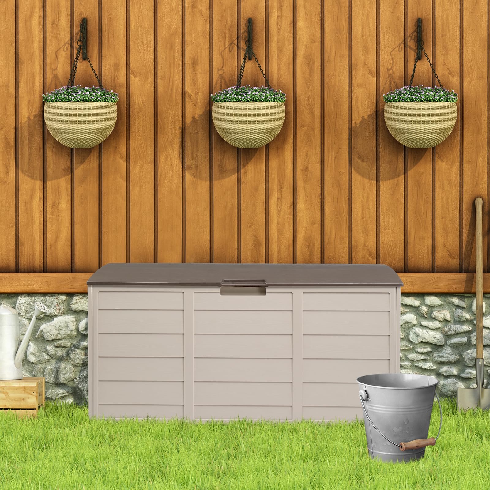 EPOFIT 75 Gallon Resin Deck Box, Waterproof Outdoor Storage Box with Wheels, Lockable Lid and Handles, Large Deck Storage for Outdoor Gear, Patio Furniture Cushion, Gardening Tools, Brown