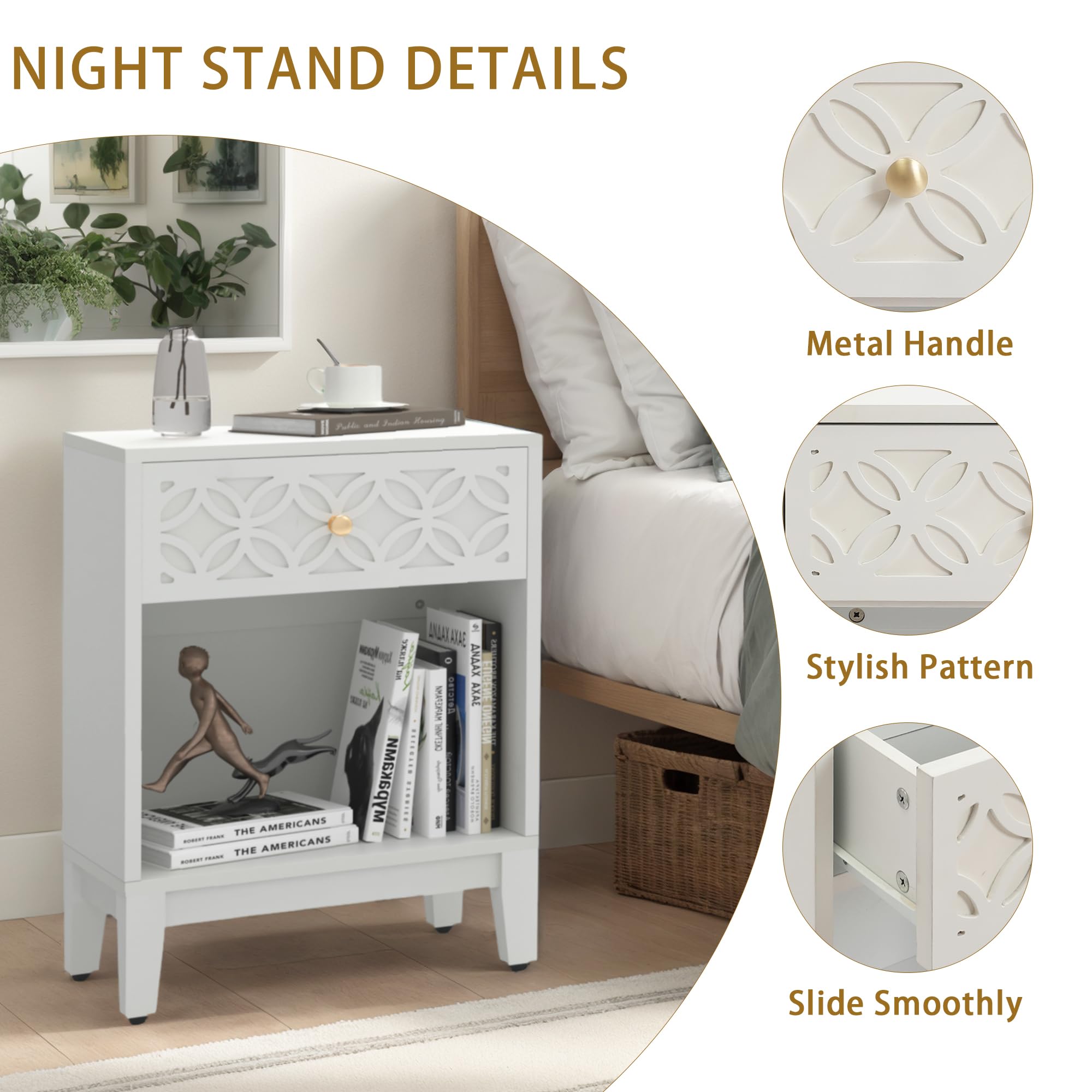 E-SHANHOMY White Nightstand Drawers Modern Side Table for Bedroom,Night Stand End Table with Storage Shelf,Night Tables Wood Nightstand Table Bedroom, 24" H