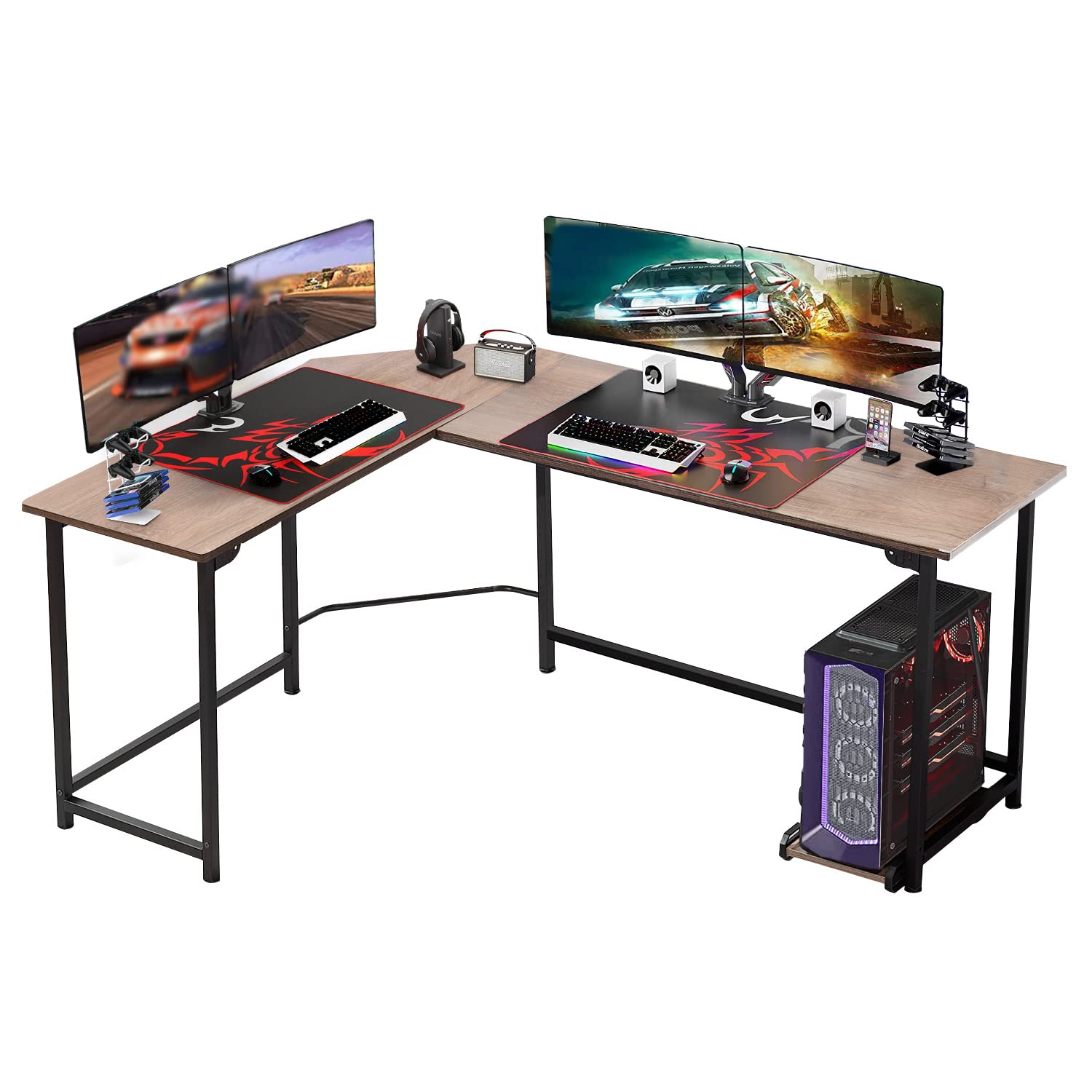VECELO L-Shaped Corner Computer Desks with CPU Stand Study Writing Table Workstation Gaming Computer Desk for Home Office,Oak
