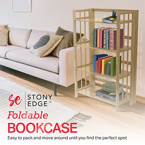 STONY EDGE 4-Tier Folding Bookshelf | Natural Wood Finish | 45x32x11.5 Inches | Book Shelf for Books and Trinkets | No Assembly Required | Foldable & Small Bookshelf for Home and Office