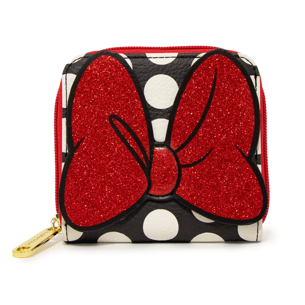 Buckle Down Disney Wallet, Square Zip Around, Minnie Mouse Glitter Bow, Black Vegan Leather