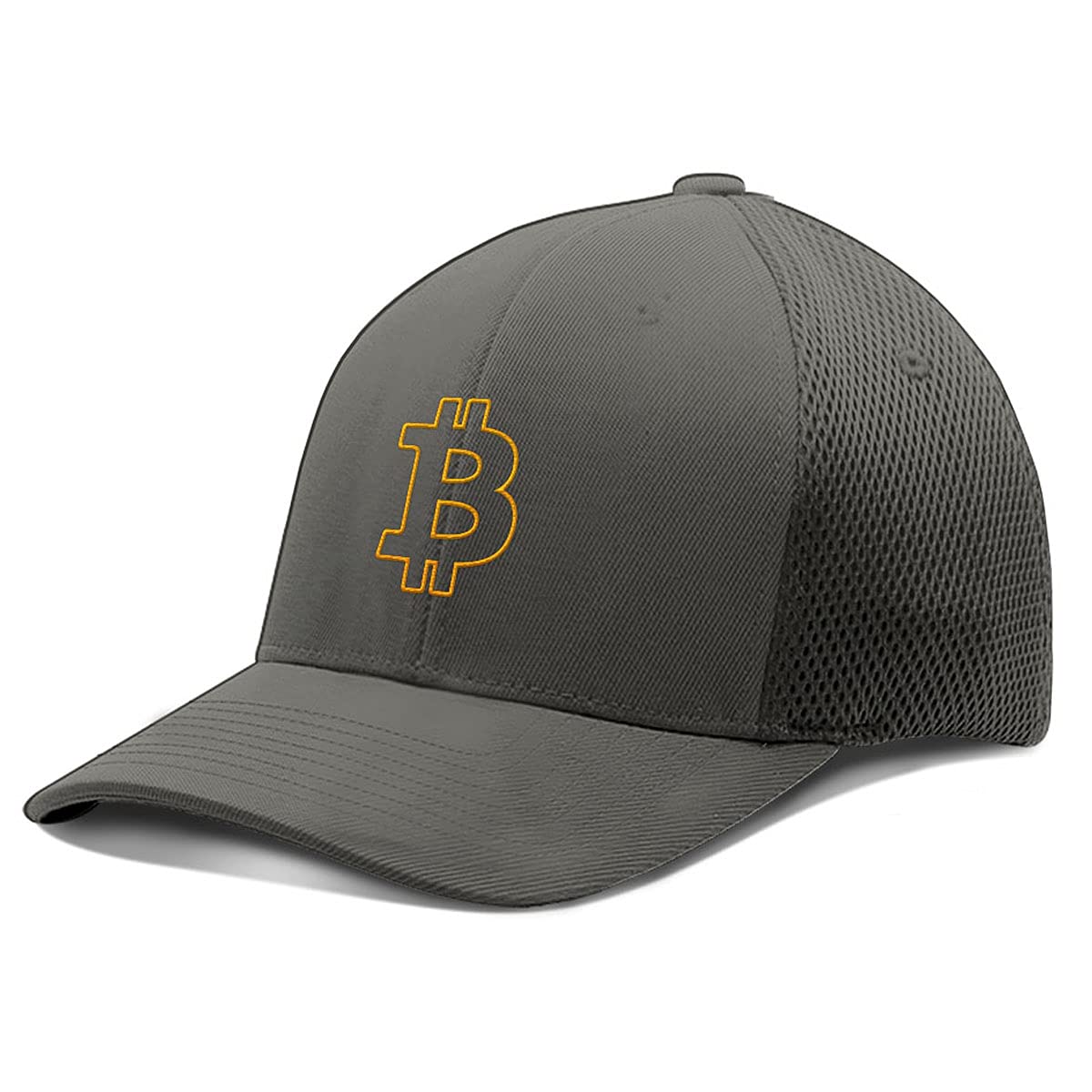 BustedTees Bitcoin Outline Flexfit Hat Casual Wear - Baseball Cap for Men Women Breathable Flex Fit with Airmesh Fitted Cap (Charcoal, Large, l)