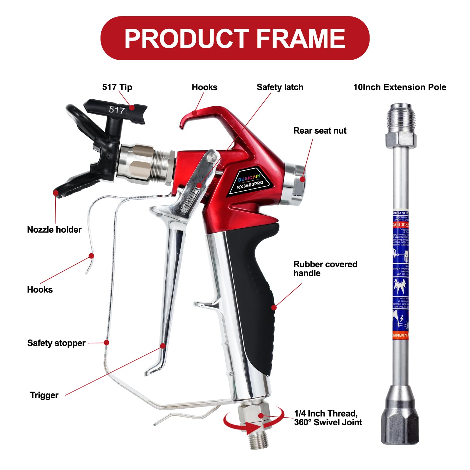 DUSICHIN Airless Paint Primer Spray Gun High Pressure 3600 PSI Reversible 517 Nozzle Tip Guard Swivel Joint with 10 inches Extension Pole for Titan Graco Airless Paint Sprayers Aftermarket DUS3600