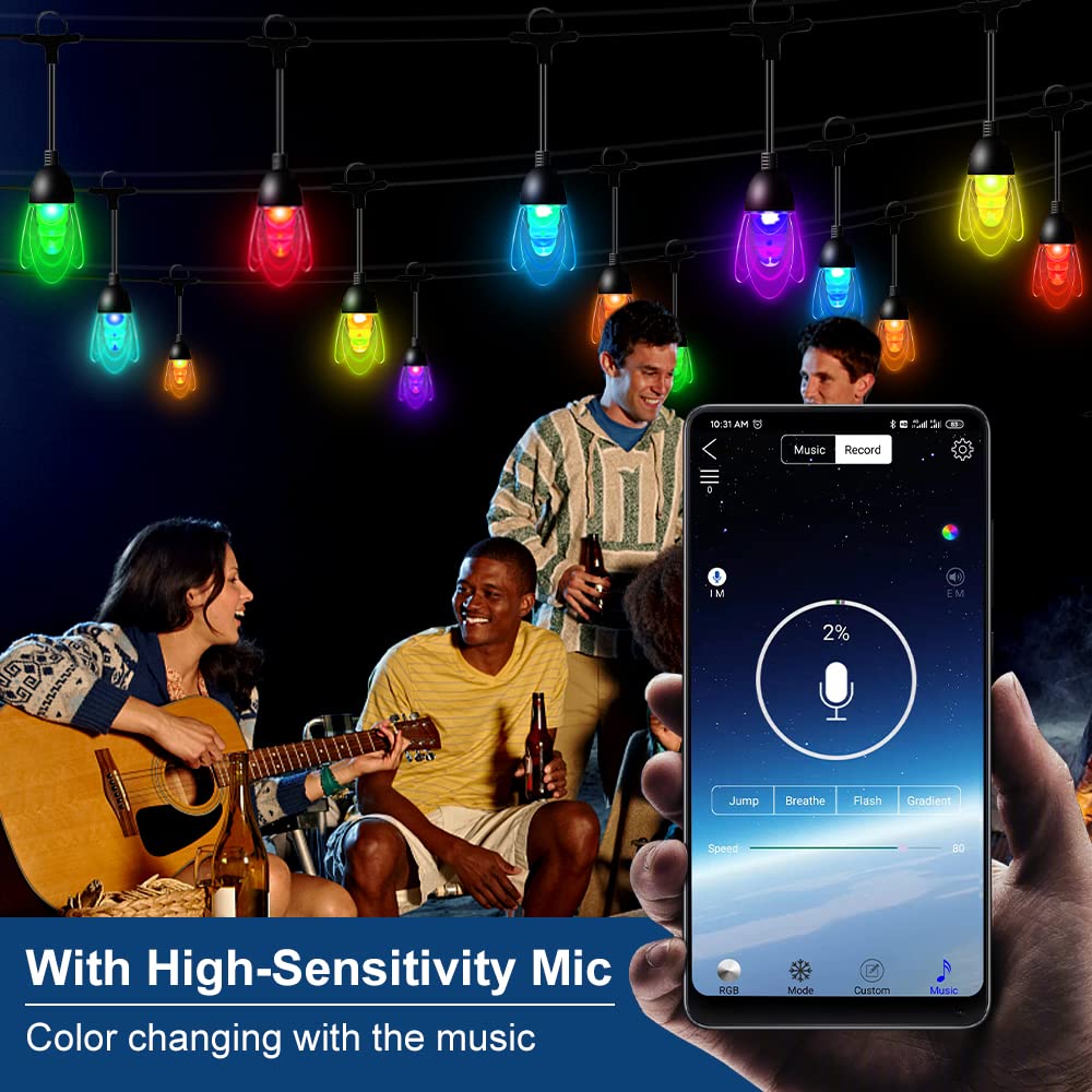 svaha Outdoor String Lights, 48FT RGBW Patio Lights App Control, USB Powered Color Changing Outdoor String Lights IP65 Waterproof with DIY and 210 Scene Modes, Dimmable and Connectable for Garden.