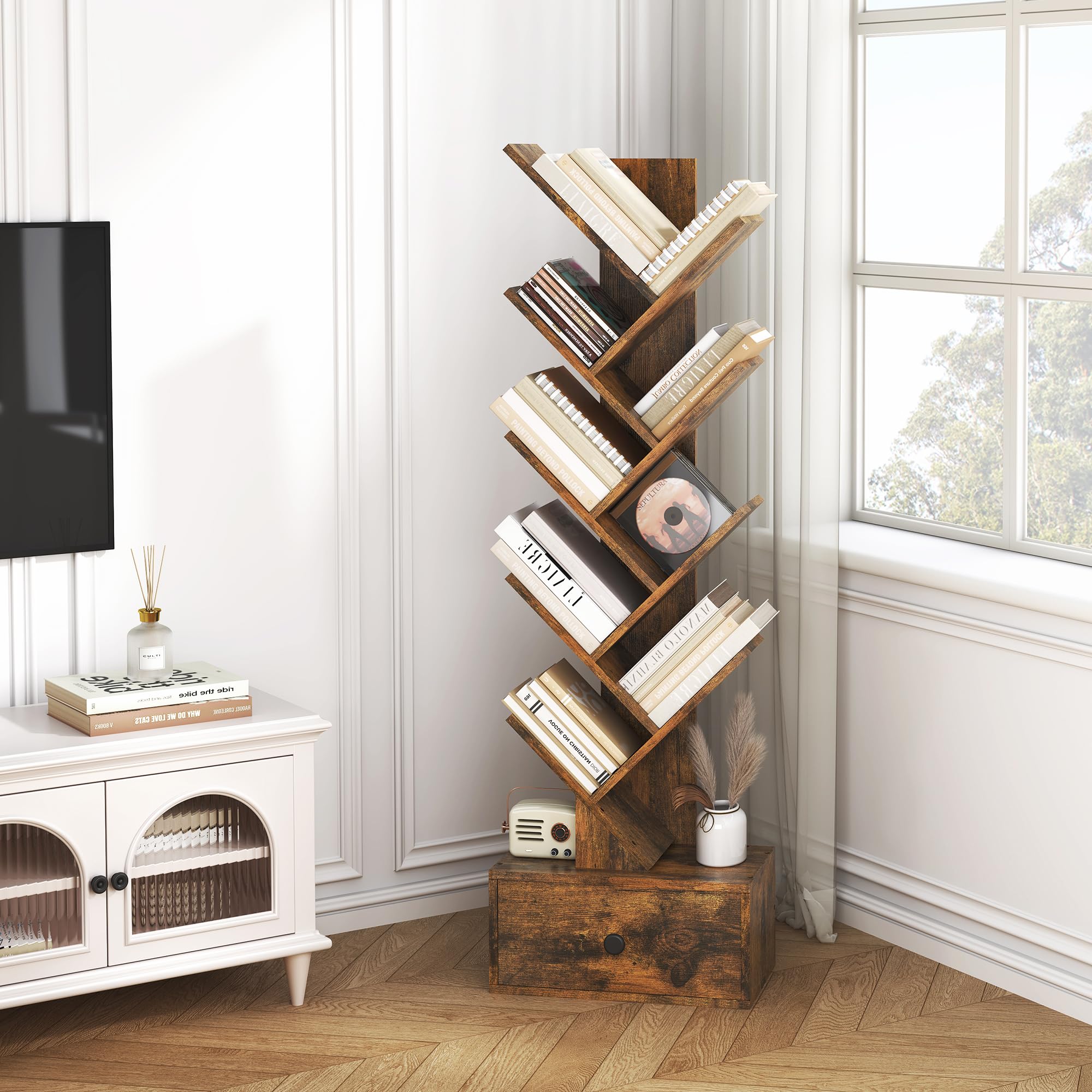 Gewudraw 4 Tier Tree Bookshelf with Drawer, Small Tree Bookcase, Table Top Book Shelf Organizer Shelves for Living Room, Bedroom, Home Office, Rustic Brown