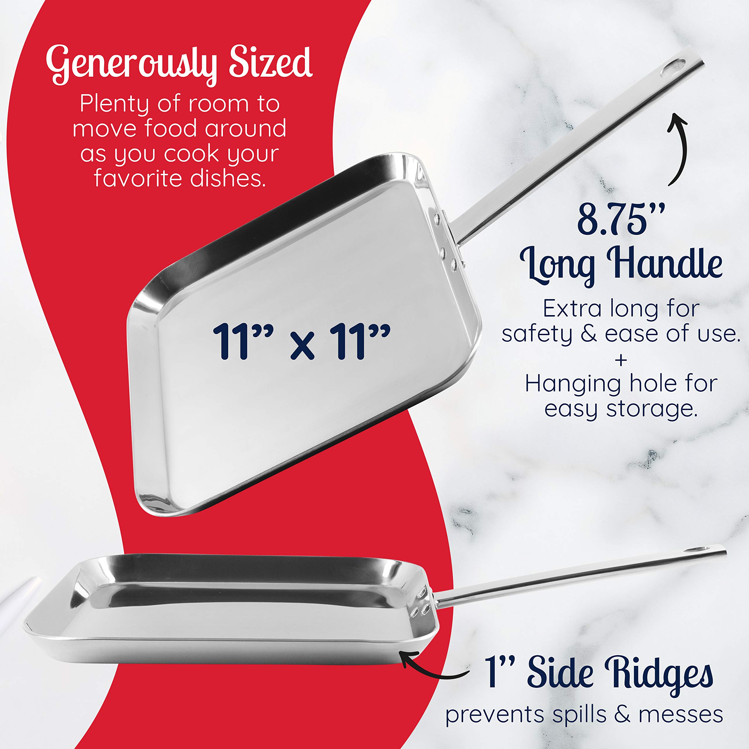 Chef's Secret T304 Stainless-Steel 11-Inch Square Griddle, Ideal for Grilling