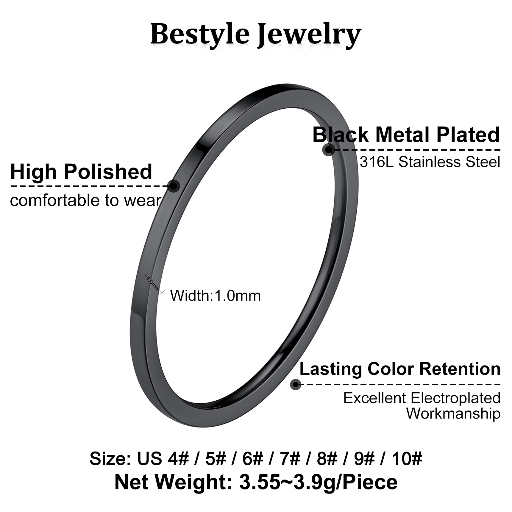 Bestyle Stackable Black Rings Set for Women, Polisded Black Gun Plated Size 6 Band Layered Rings Comfort Fit Finger Rings