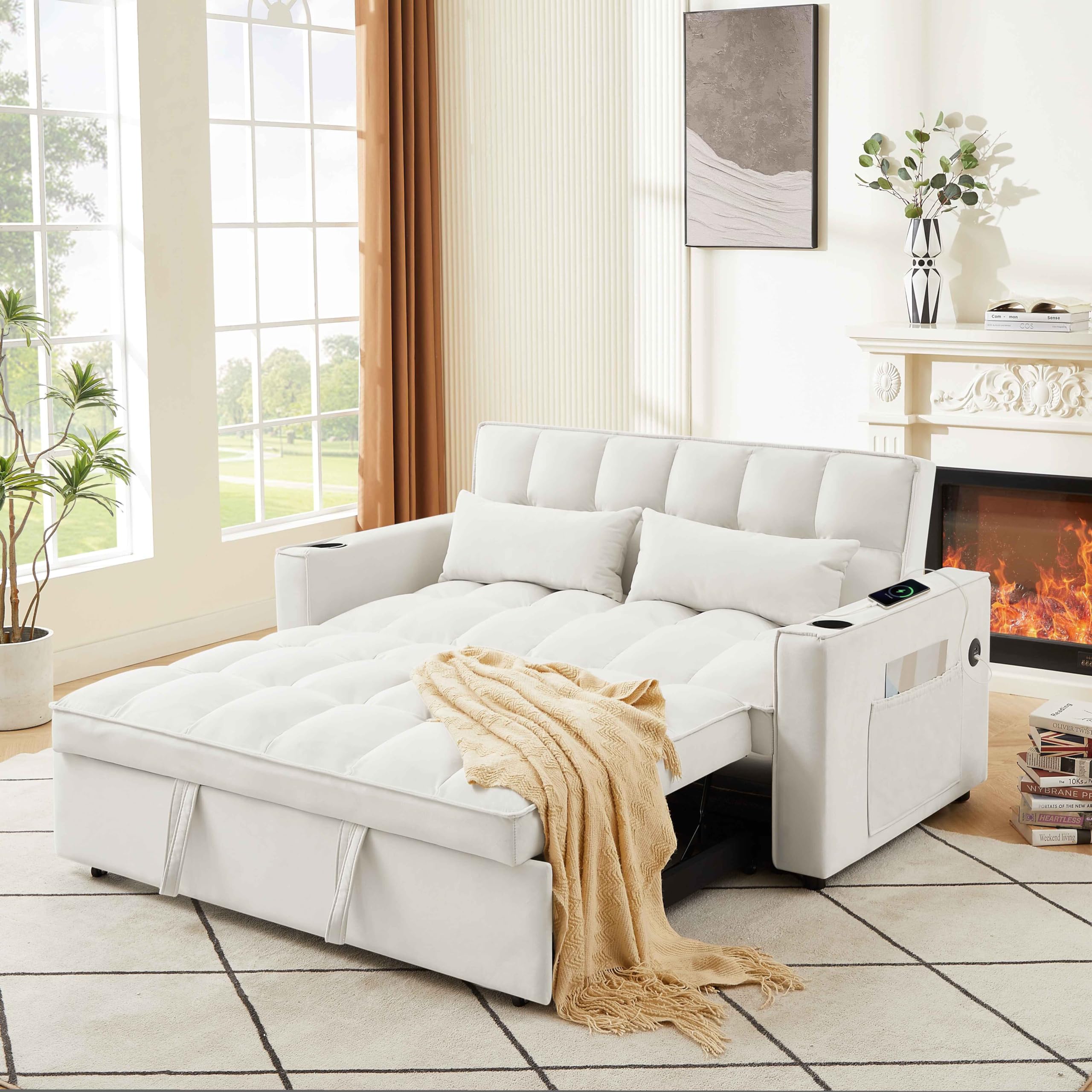 ERYE 3 in 1 Oversized Convertible Sleeper Sofabed,Modern Linen Upholstered Tufted Loveseat Sofa&Couch with Pull Out Sleep Couch Bed(Full Size),USB Charging Ports for Home,Apartment,RV Living Room