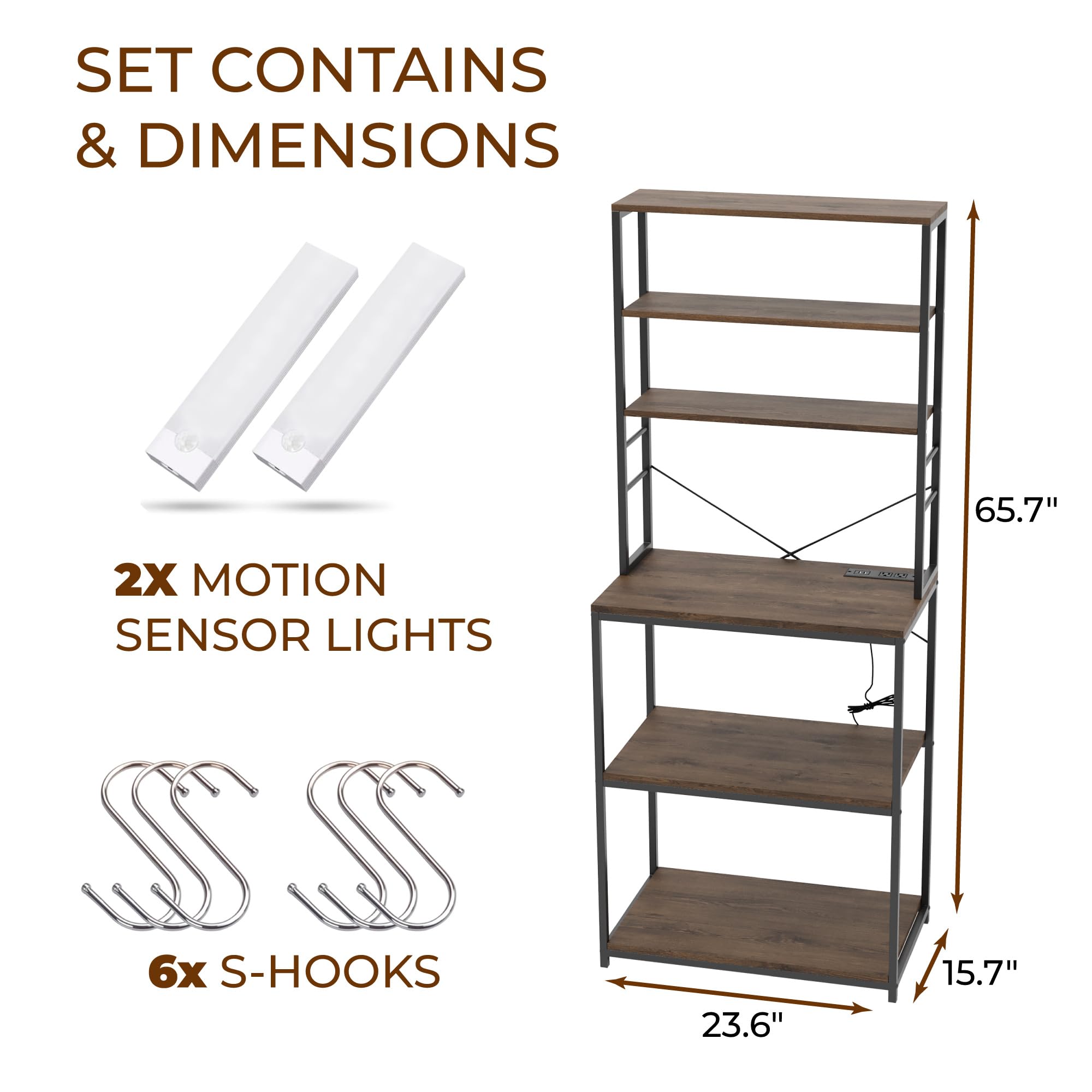 Elixo Bakers Rack with Power Outlet, coffee bar cabinet with 6 S hooks, 6-Tiers small appliances and microwave stand with storage for small apartments with motion sensor lights, Black