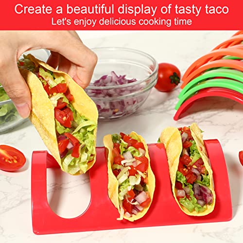 Koluti Colorful Taco Holder Stand Set of 6, Hard and Sturdy Taco Shell Plates Tray Style Rack, Each Hold 3 Tacos, BPA Free Food Grade Plastic Material, Microwave & Dishwasher Safe, (Red Orange Green)