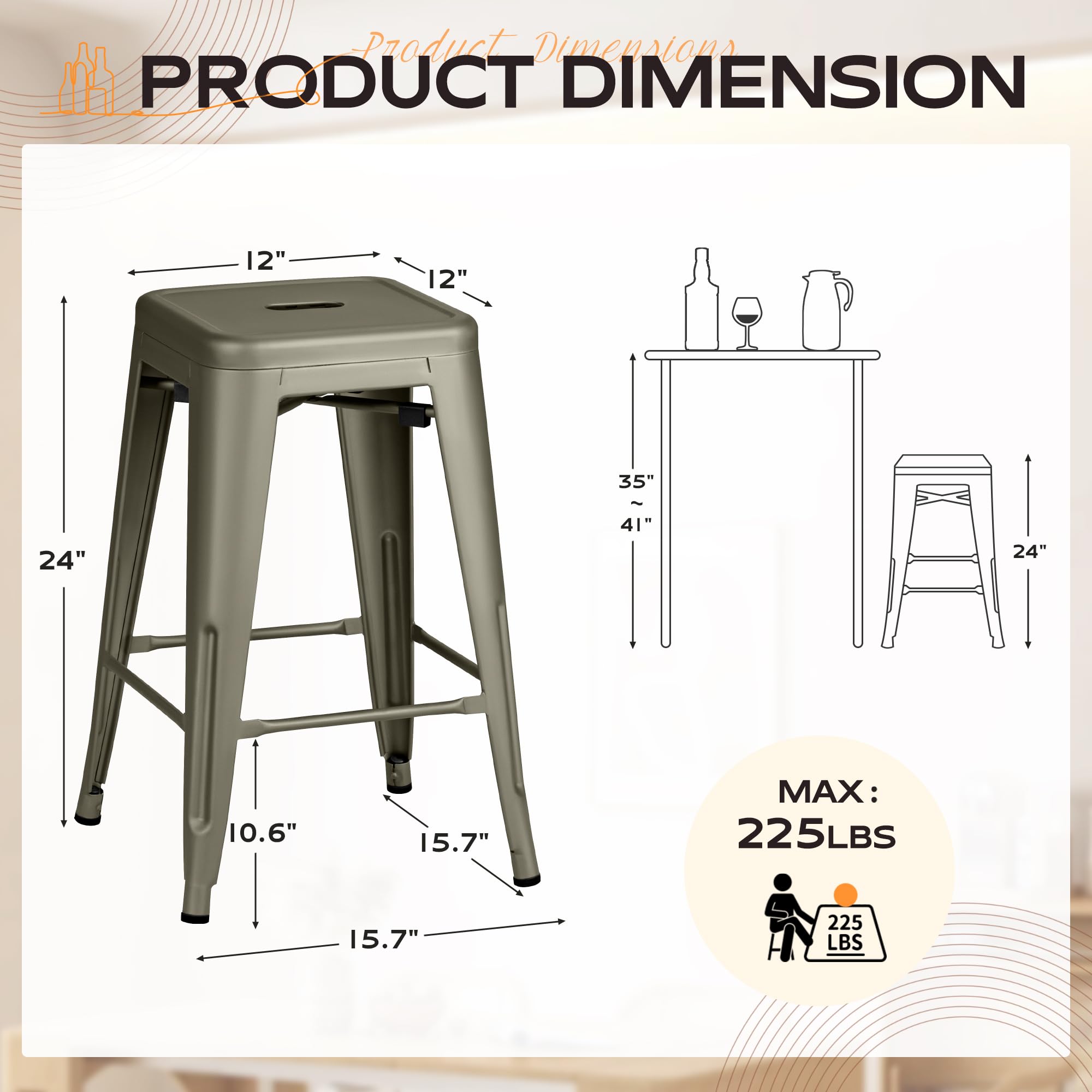 Furmax 24 Inches Metal Bar Stools Bar Height High Backless Stools Indoor Outdoor Stackable Kitchen Stools Set of 4 (Gun)