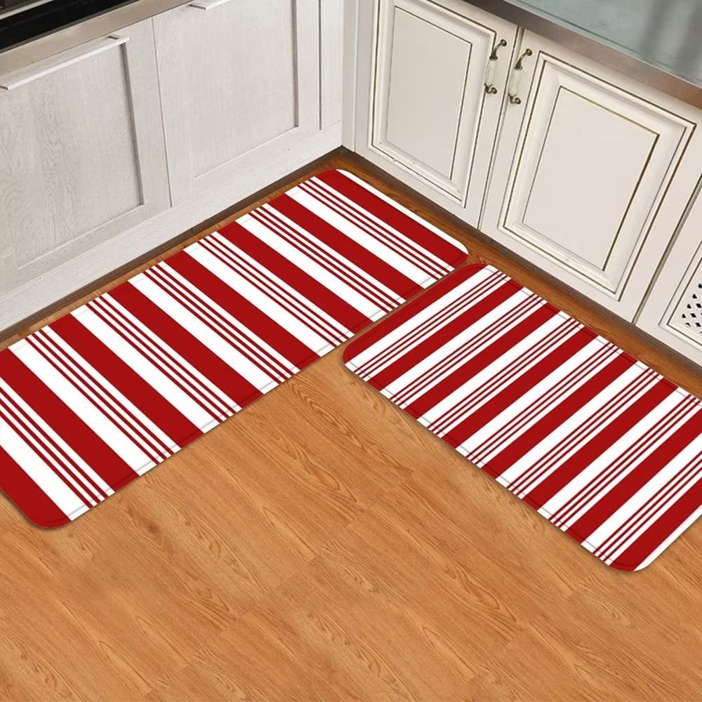 Christmas Kitchen Mat Set of 2 Abstract Red and White Striped Candy Cane Pattern Floor Mats Non Slip Doormat Washable Kitchen Rug and Mats Anti Fatigue Cushioned Area Runner Rugs for Sink