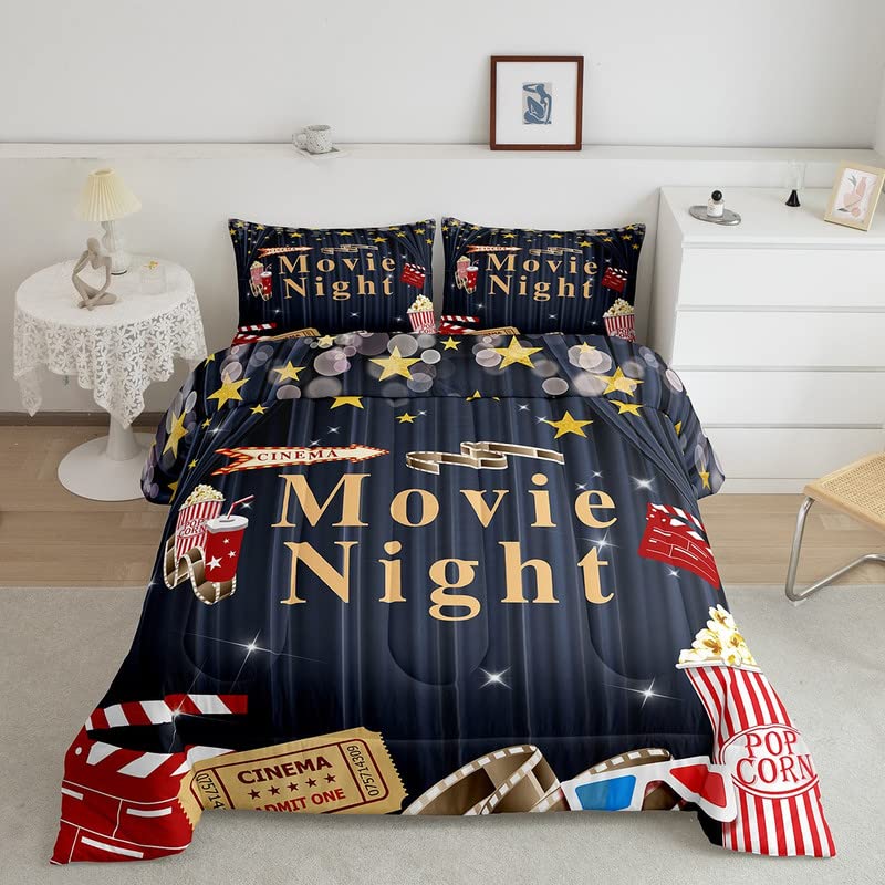 jejeloiu Movie Night Comforter Movie Theater Popcorn Comforter Set Cinema Poster Design Bedding Set for Kids Boys Girls Old Fashion Home Decor Duvet Set Room Decor Quilt Full Size Boys