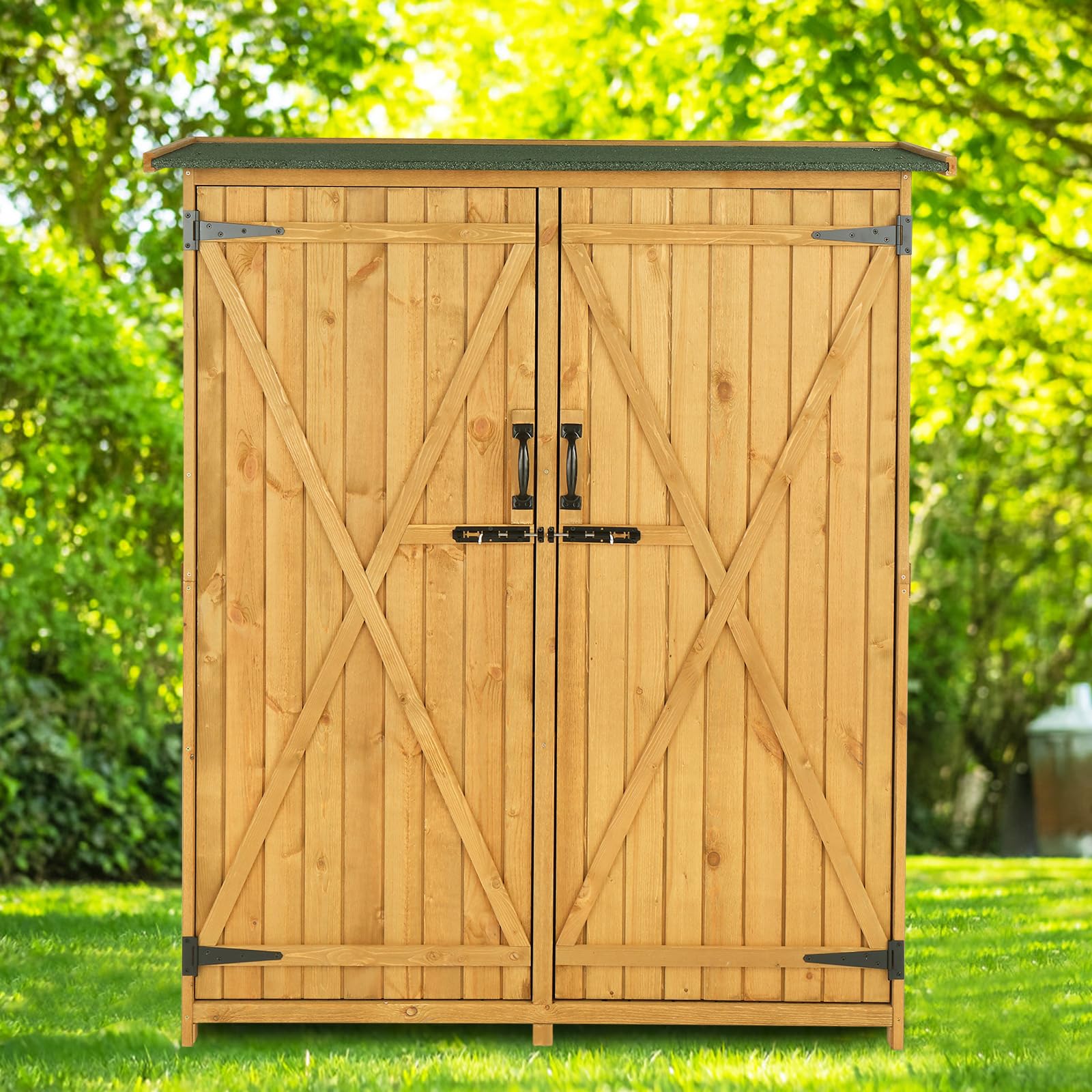 Outdoor Wooden Garden Shed with Asphalt Felt Pitched Roof Fir Wood Outdoor Storage Cabinet for Tools Lockable Double Doors Natural Wood Aesthetic 55.1" L x 19.7" W x 63.8" H