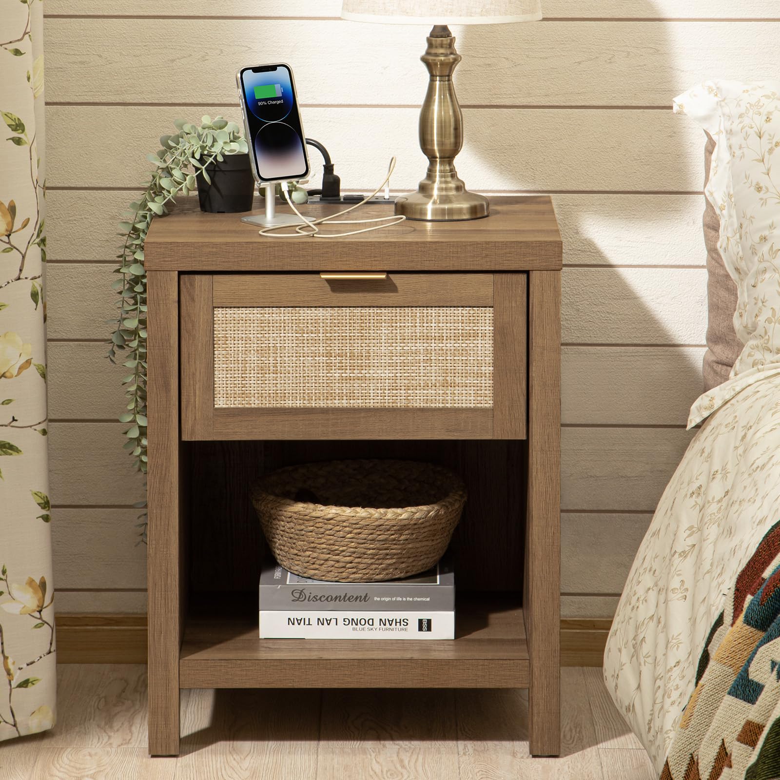 SICOTAS Rattan Nightstand Tall End Table - Farmhouse Side Table with Storage Cabinet Boho Night Stand Bedside Table for Bedroom, Small Space