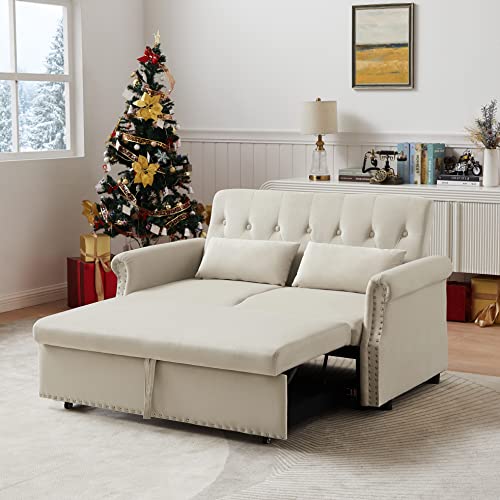 ERYE 3-in-1 Futon Daybed with Pull Out Sleeper Couch Bed, Loveseat Sofa Reclining Backrest Convertible Sleep Sofabed for Home RV Apartment Office Loft Living Room,Beige Velvet Twin Nailhead Decor