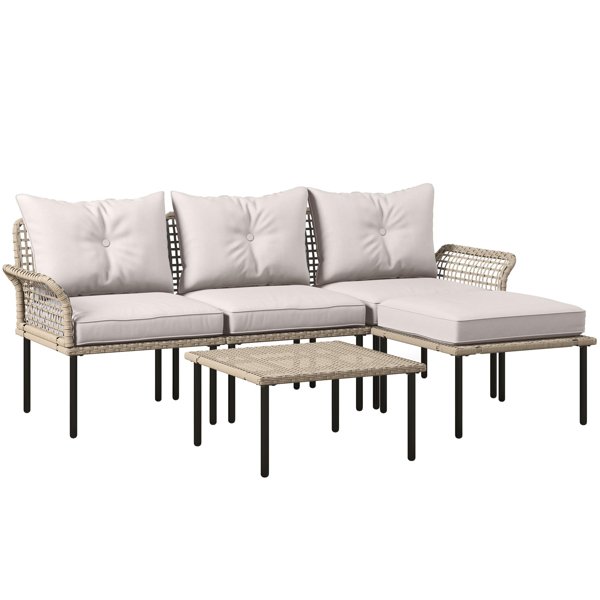 Outsunny 5 Piece Patio Furniture Set, Outdoor Conversation Set with L-Shaped Sofa, Cushions, for Backyard, Lawn and Pool, Cream White