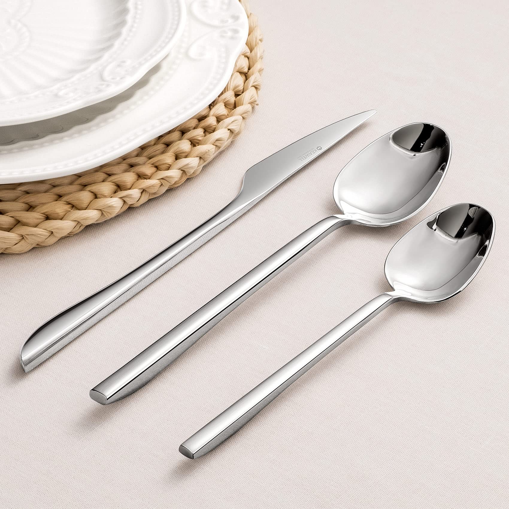 KEAWELL 20-Piece Luxury Mirror Polished Cutlery Set, 18/10 Stainless Steel Tableware, Modern Silverware Set, Includes 8 x Spoons, 8 x Forks, 4 x Knives, Durable Flatware for Home Kitchen in Silver