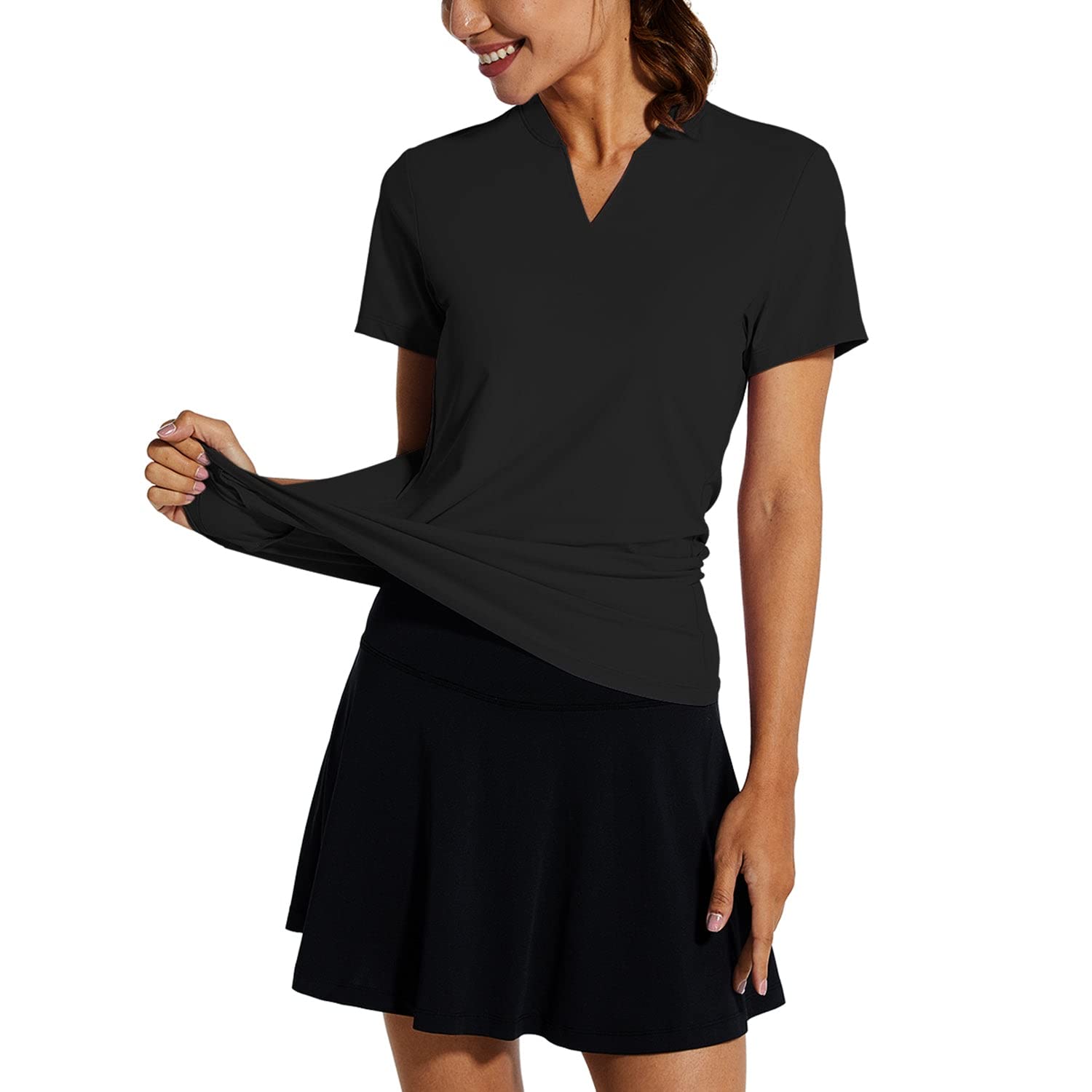 BALEAF Women's Golf Tennis Shirts V-Neck Lightweight Quick Dry UPF 50+ Sun Protection Short Sleeve Polo Shirts Collarless Black Size S