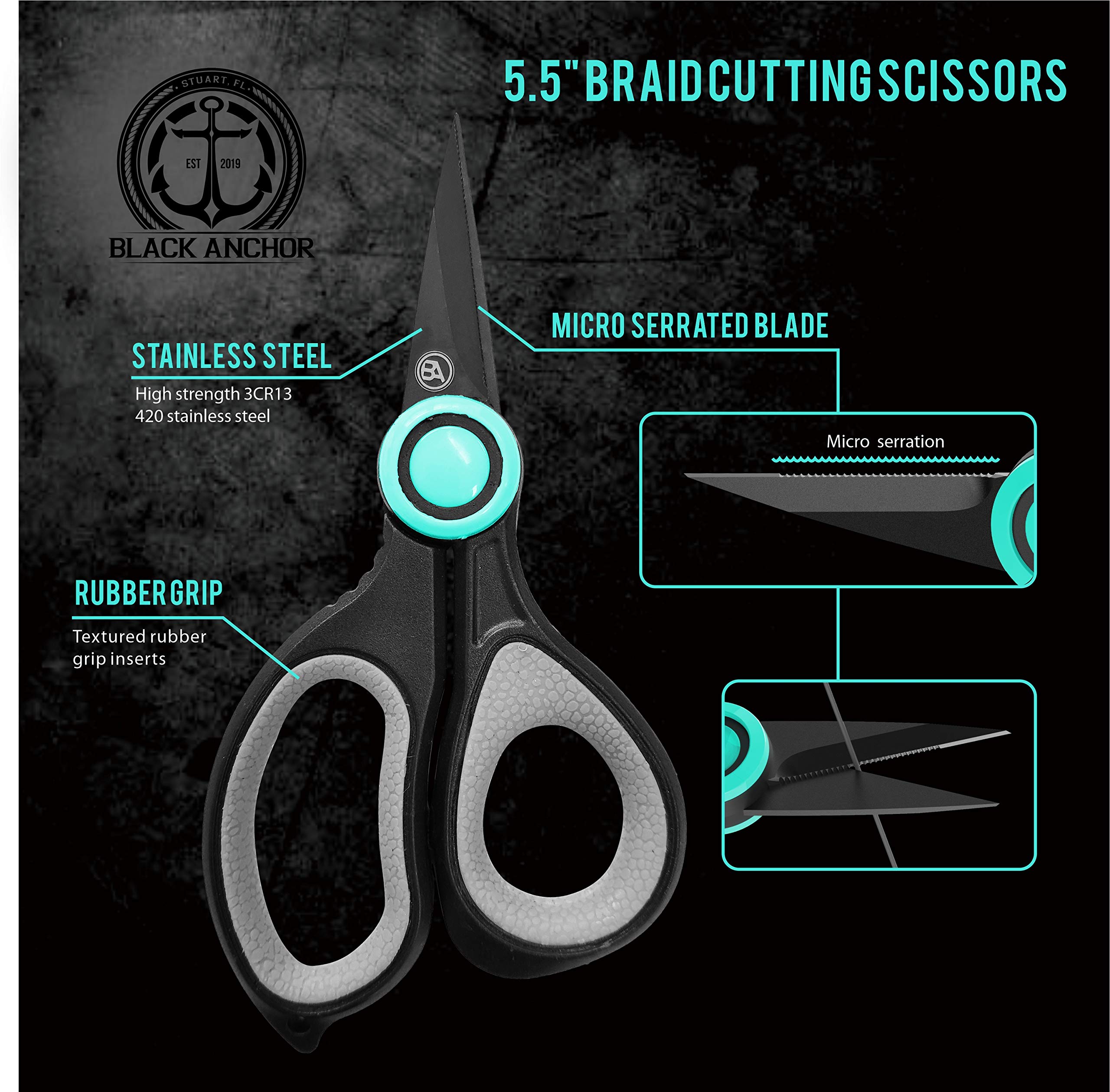 Black Anchor Fishing Braid Line Scissors, Super Sharp Japanese Stainless Steel Blades with Micro Serrated Cutters, w/Sheath, Non-Slip TPR Handles, Includes Lanyard