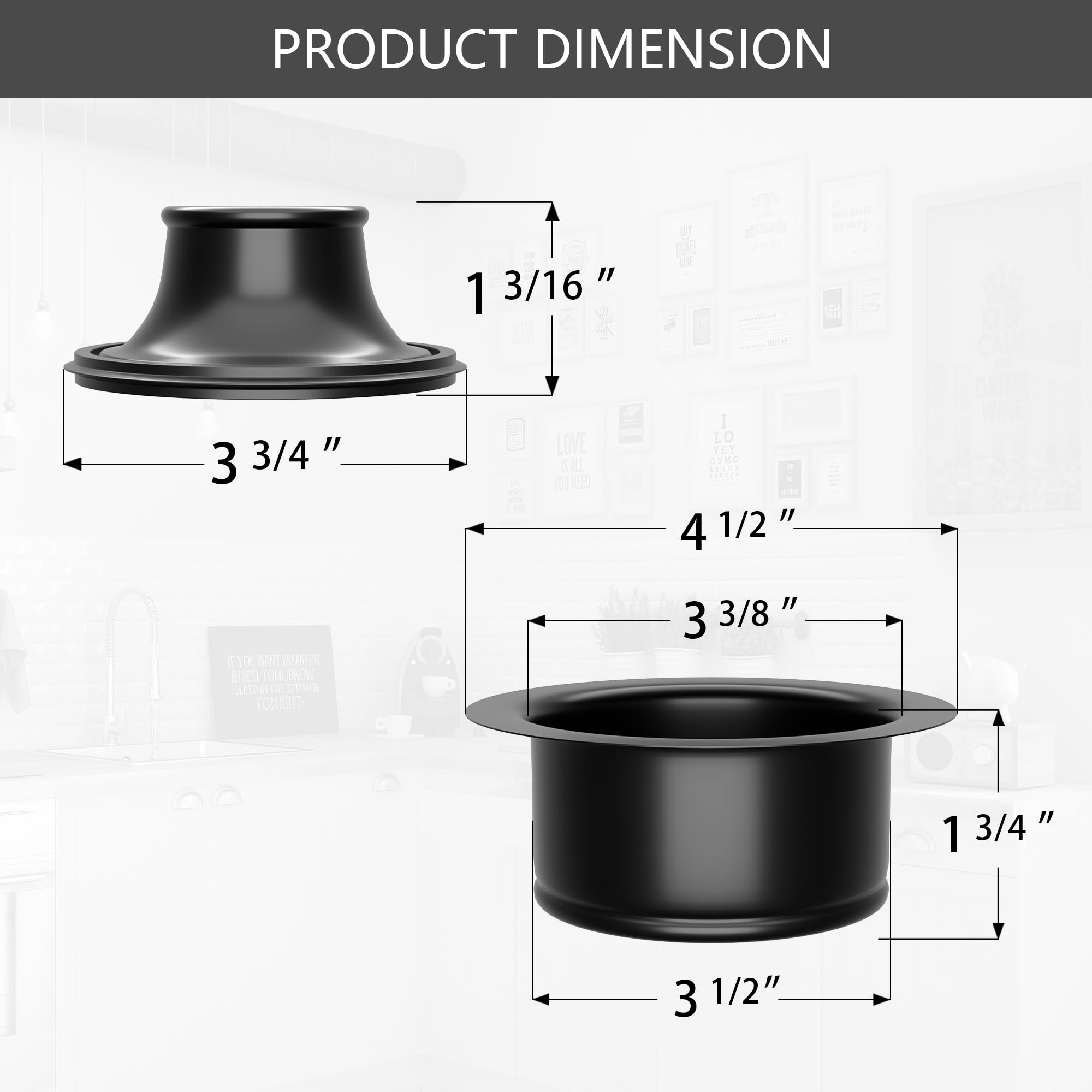 EXAKEY Kitchen Sink Garbage Disposal Flange and Stopper,Sink Drain Flange with Stopper for Garbage Disposal Stainless Steel Fit Universal 3-1/2 Inch Standard Sink Drain Opening Matte Black