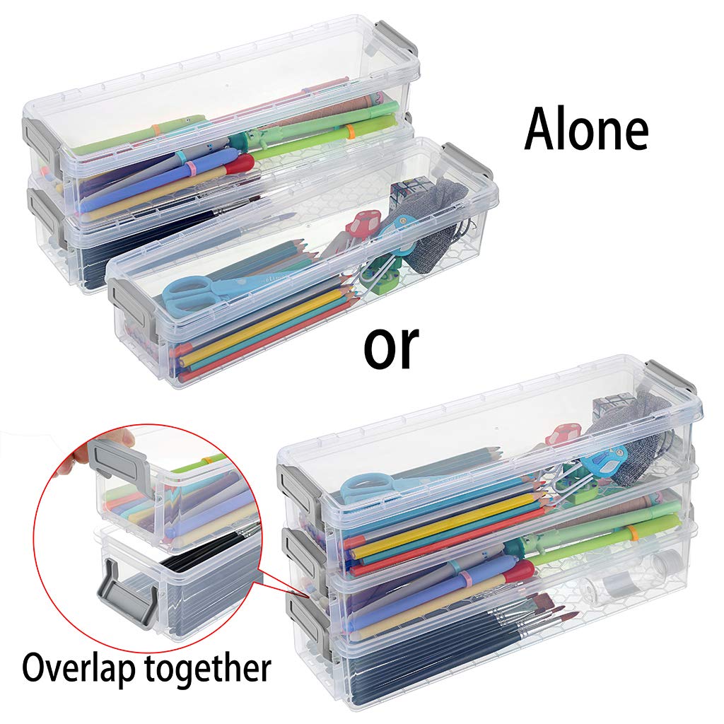 BTSKY Long Plastic Stackable Box Home, Office Supplies Storage Organizer Box Pencil Box Plastic Organizer Holder for Gel Pens Erasers Tape Pens Pencils Markers etc- 3 Pack - Clear with Grey Clip
