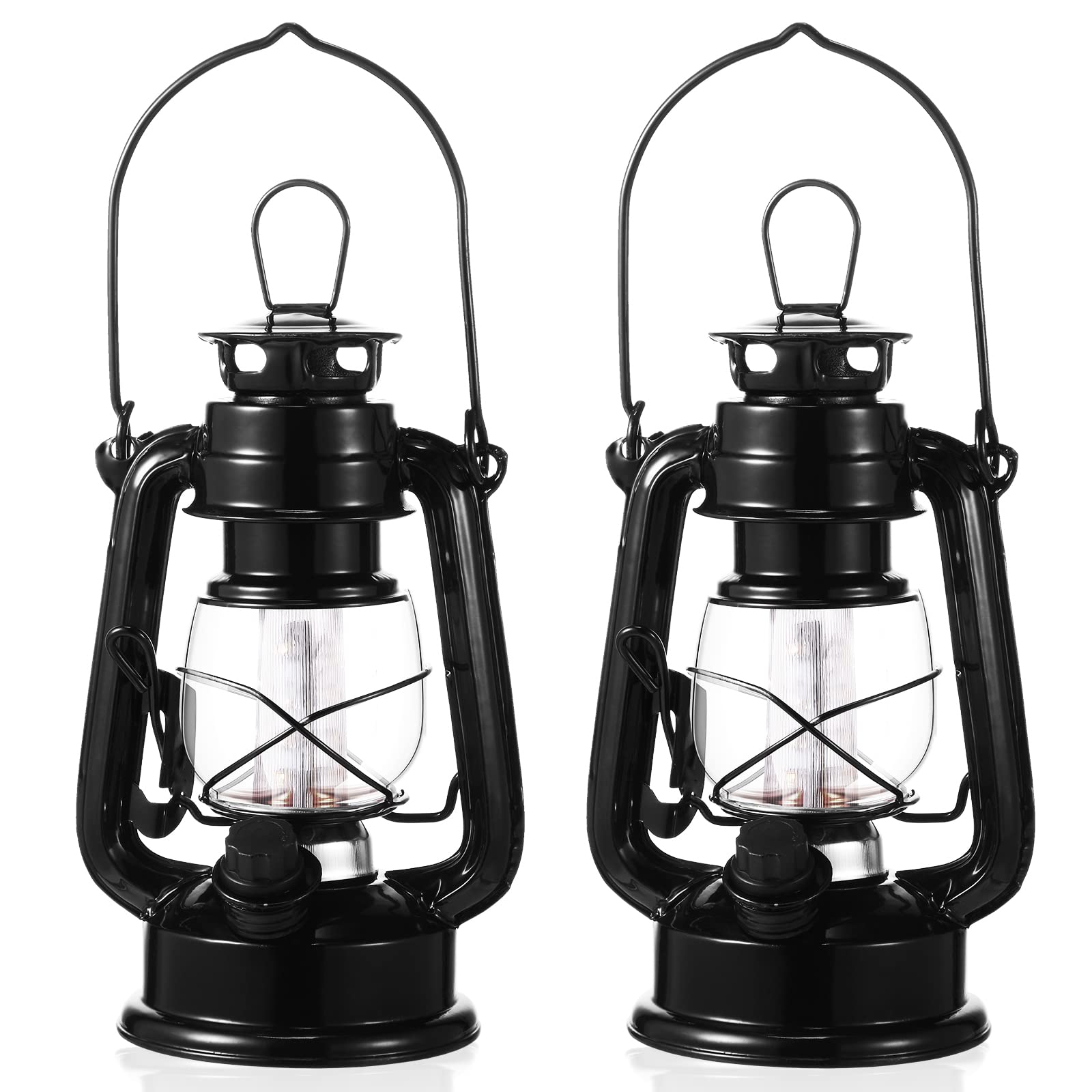 Hortsun 2 Pcs Black Vintage LED Camping Lanterns Warm LEDs and Dimmer Switch Battery Operated Metal Hurricane Farmers Hanging Lantern for Indoor Outdoor Usage Decor (8 Inch)