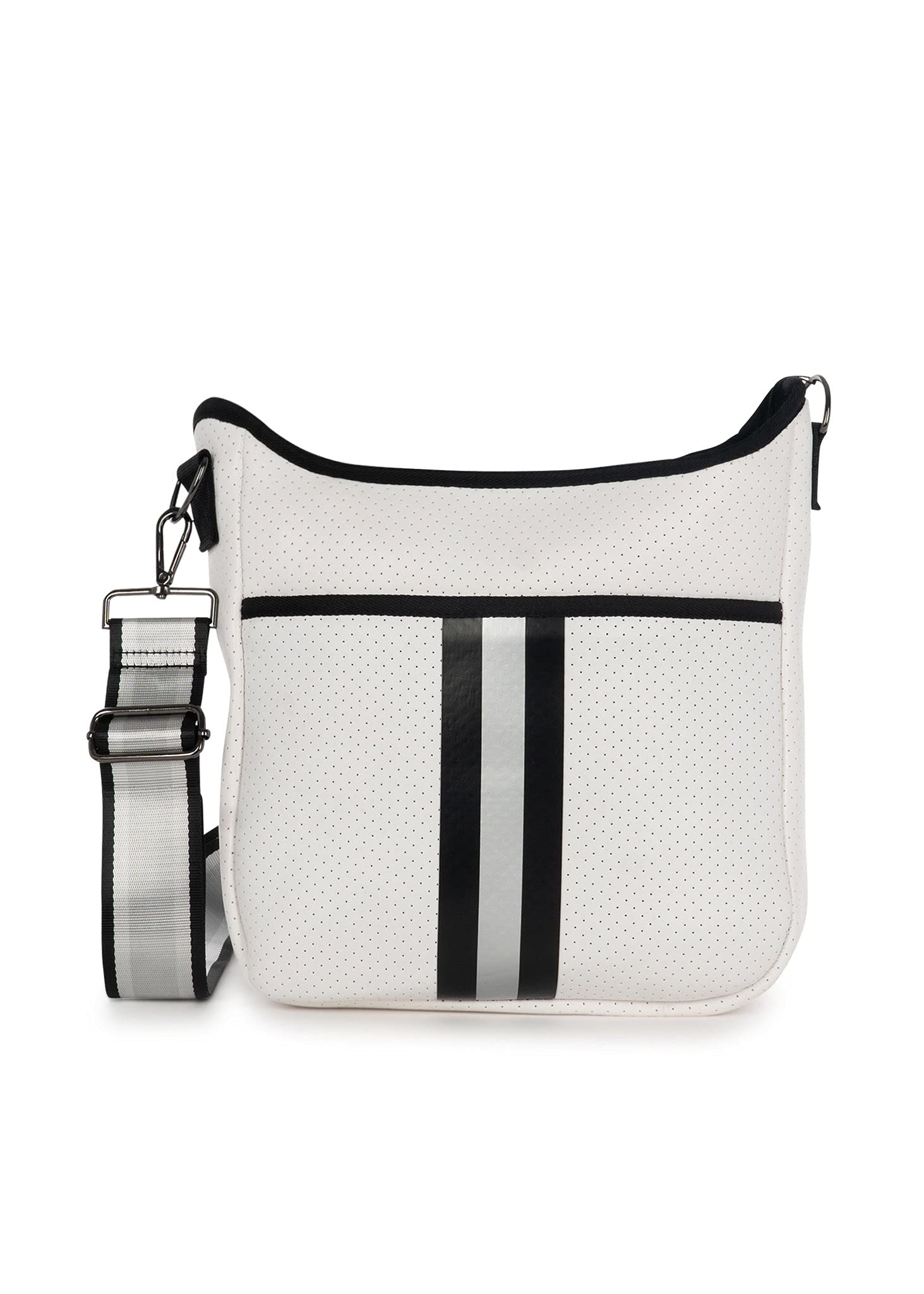 Blake New Midtown Cross Body by Haute Shore White WBlack and Silver Stripe