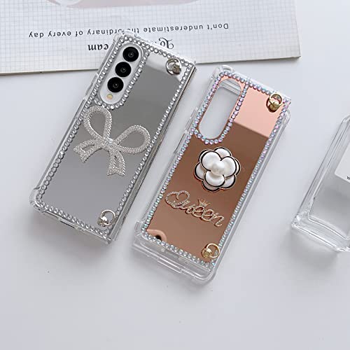 Omio for Samsung Galaxy Z Fold 3 5G Mirror Case with Crossbody Lanyard Luxury 3D Sparkle Crystal Diamond Bling Glitter Cute Slim Makeup Hard PC Phone Case for Galaxy Z Fold 3 Women Girls, Gold