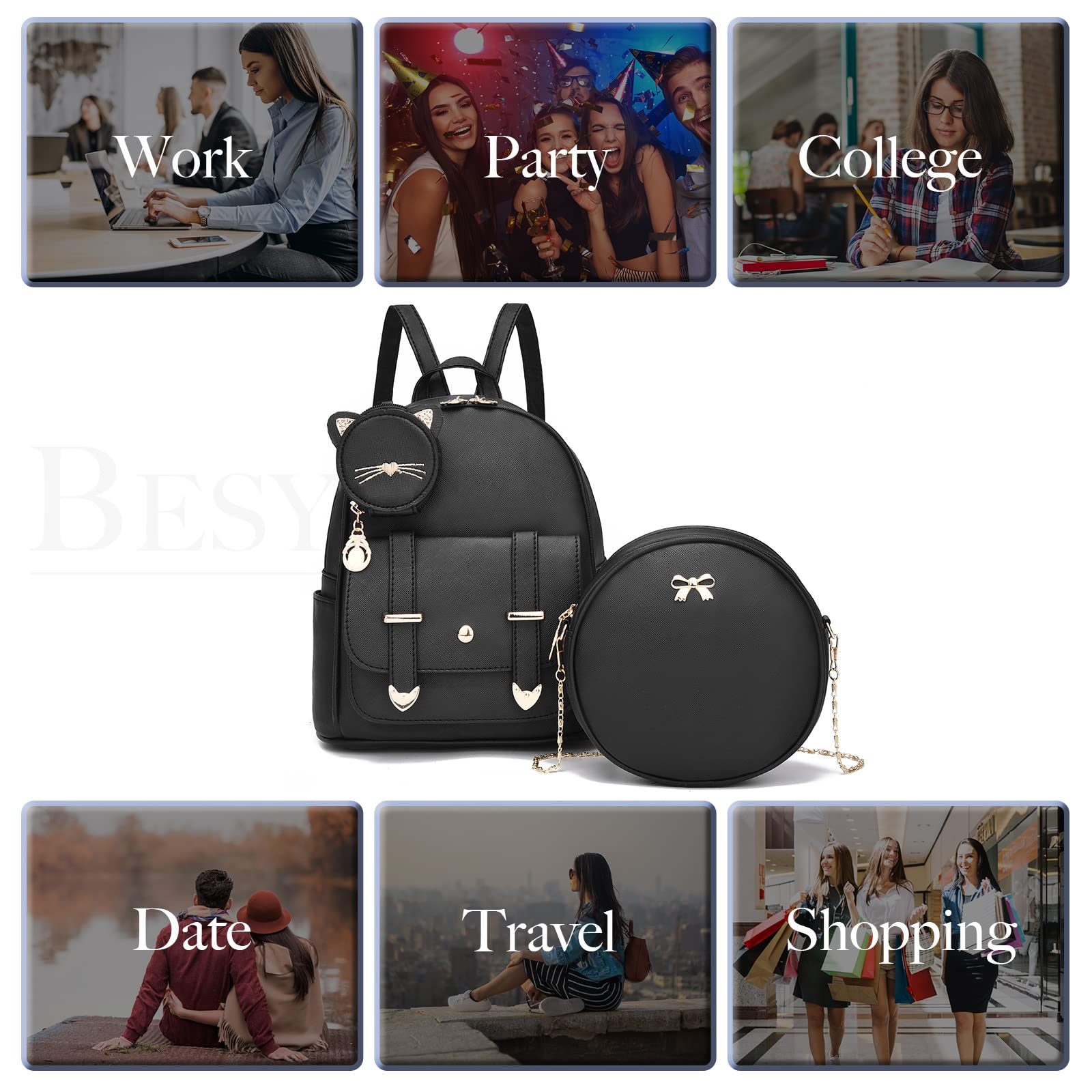 BESYIGA Women Fashion Backpack 3PCS Mini Backpack Purse for Women Small Backpack Purse Leather Travel Satchel Backpack Shoulder Bag Pearl Purple