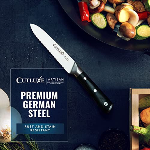 Cutluxe Serrated Kitchen Utility Knife, 5" Tomato Knife β Forged High Carbon German Steel β Full Tang & Razor Sharp β Ergonomic Handle Design β Artisan Series