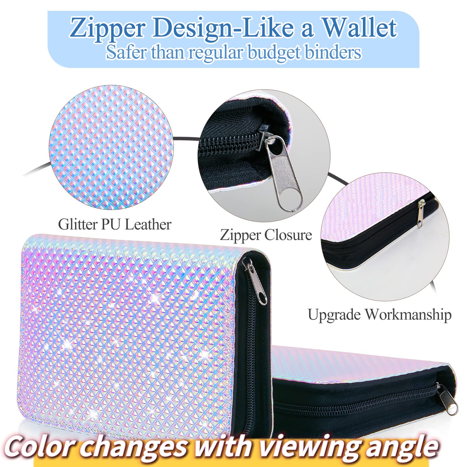 Budget Binder with Zipper Envelopes A6 Money Organizer for Cash PU Glitter Leather Money Saving Binder with 8pcs Cash Envelopes for Budgeting,18pcs Budget Sheets,24pcs Stickers,Budget Planner Wallet