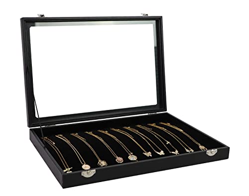 Wudygirl 20 Hooks Necklace Tray Storage Box Jewelry Display Stackable Glass Top Lockable Black Velvet Boxes(Necklace Box)