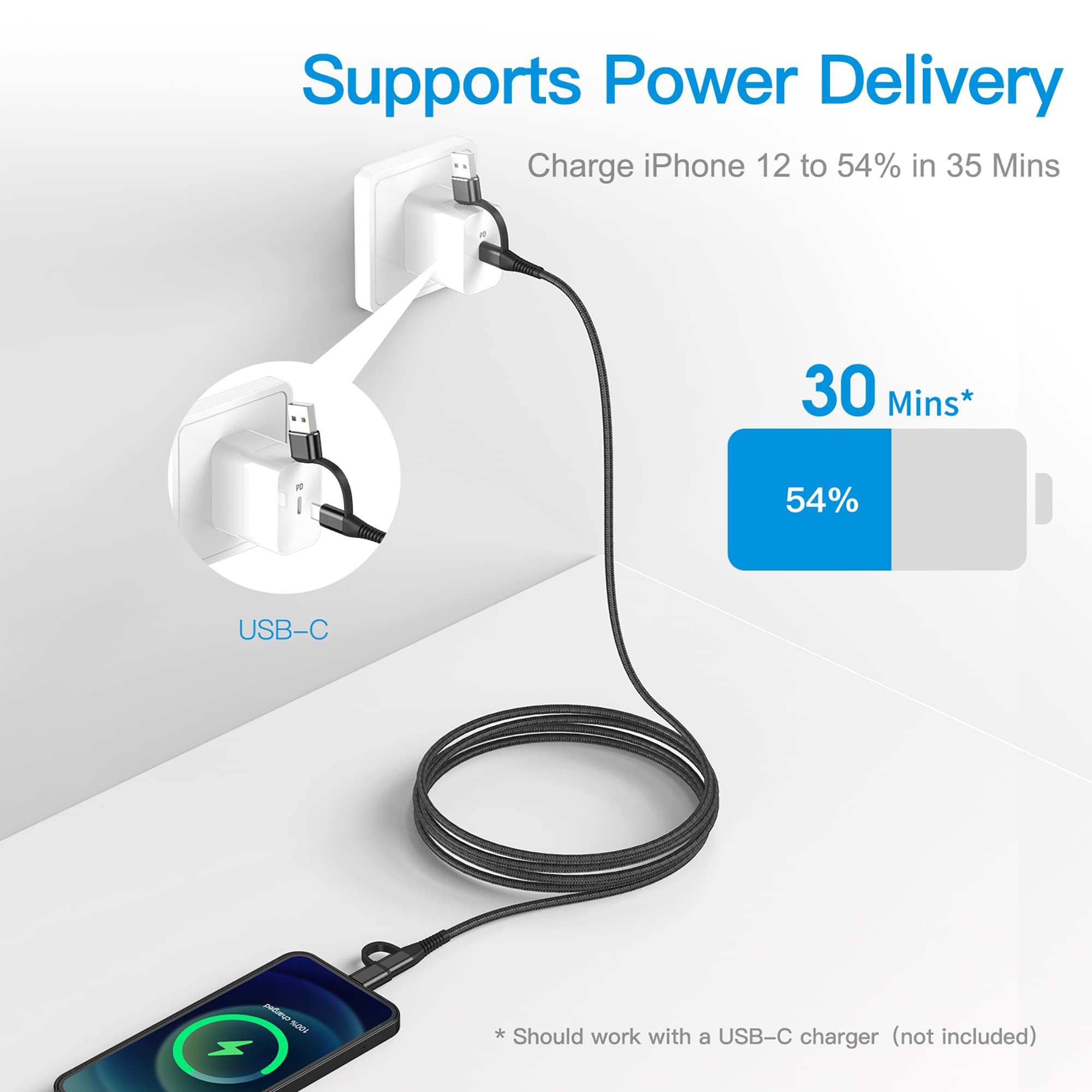 iPhone 15 Charging Cable 10ft 2Pack,USB C to USB C 60W 4-in-1 Fast Charger Cord for iPhone 15/14/13/12,for iPad Pro/Mini/Air,MacBook Pro,Samsung Galaxy(Black)