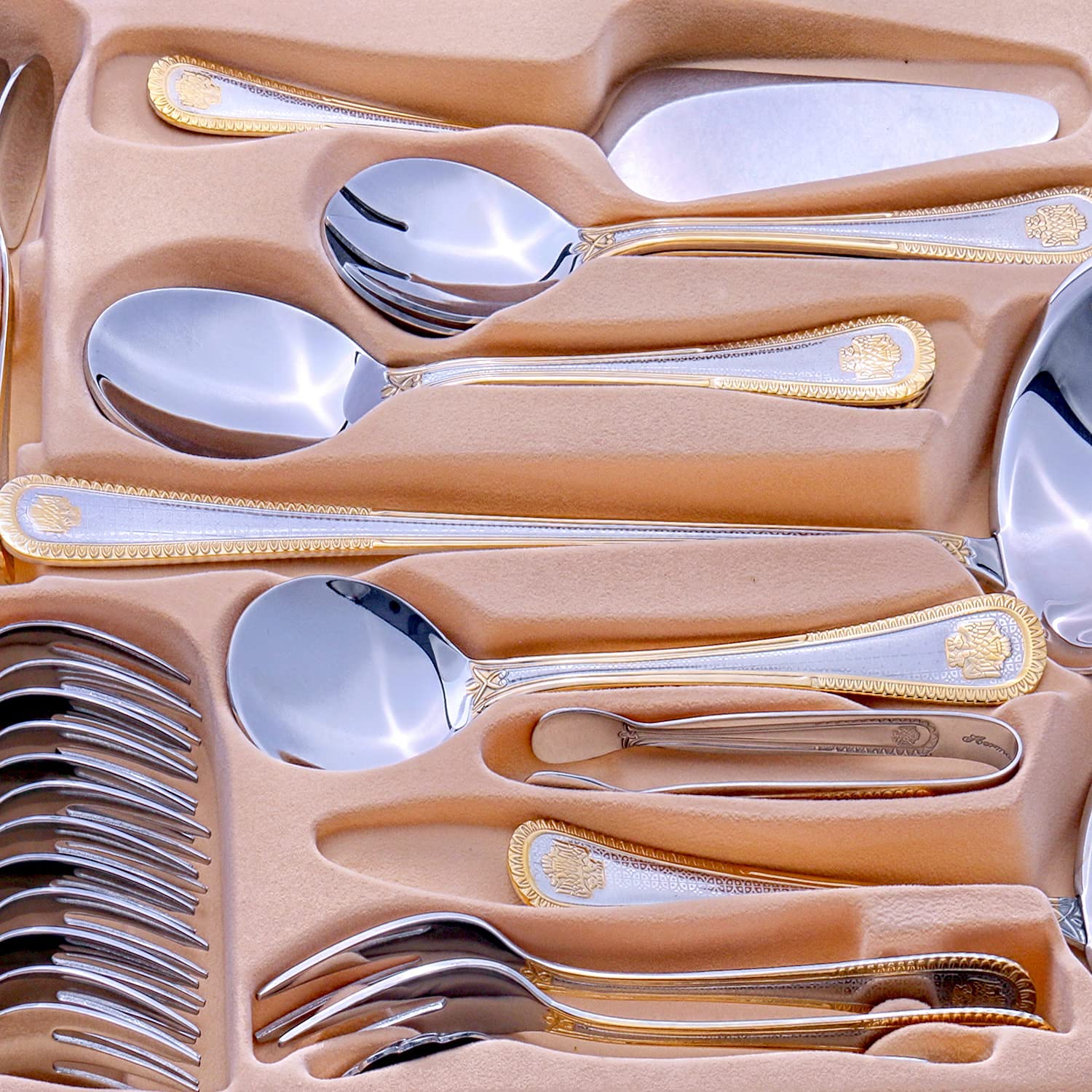 Hermann Miller Royal Family Collection 72 Piece Fine Flatware Silverware Set with Gift Carrying Case, Elegant Design, Serves Parties 12 people, Perfect Housewarming Graduation for Loved Ones, Gold